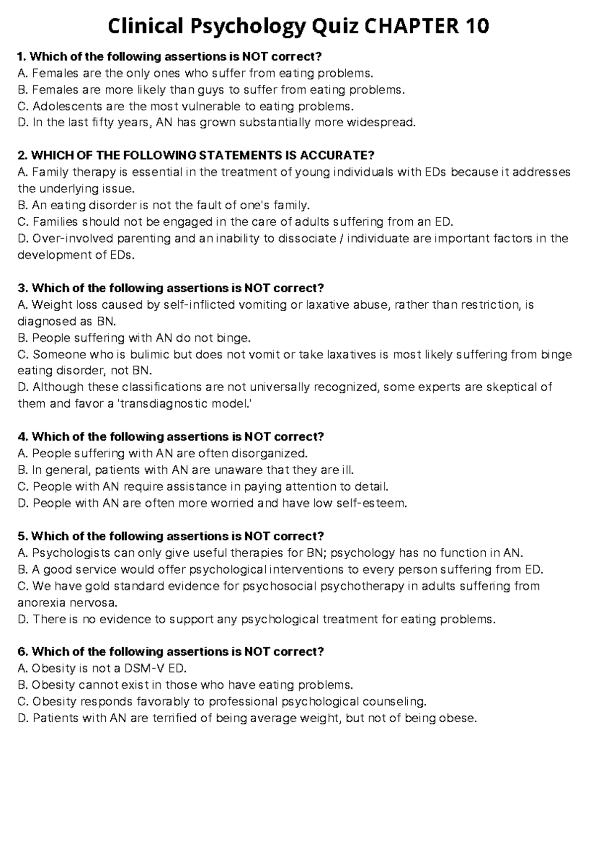 Clinical Psychology Quiz: Key Concepts from Chapter 10 - Studocu
