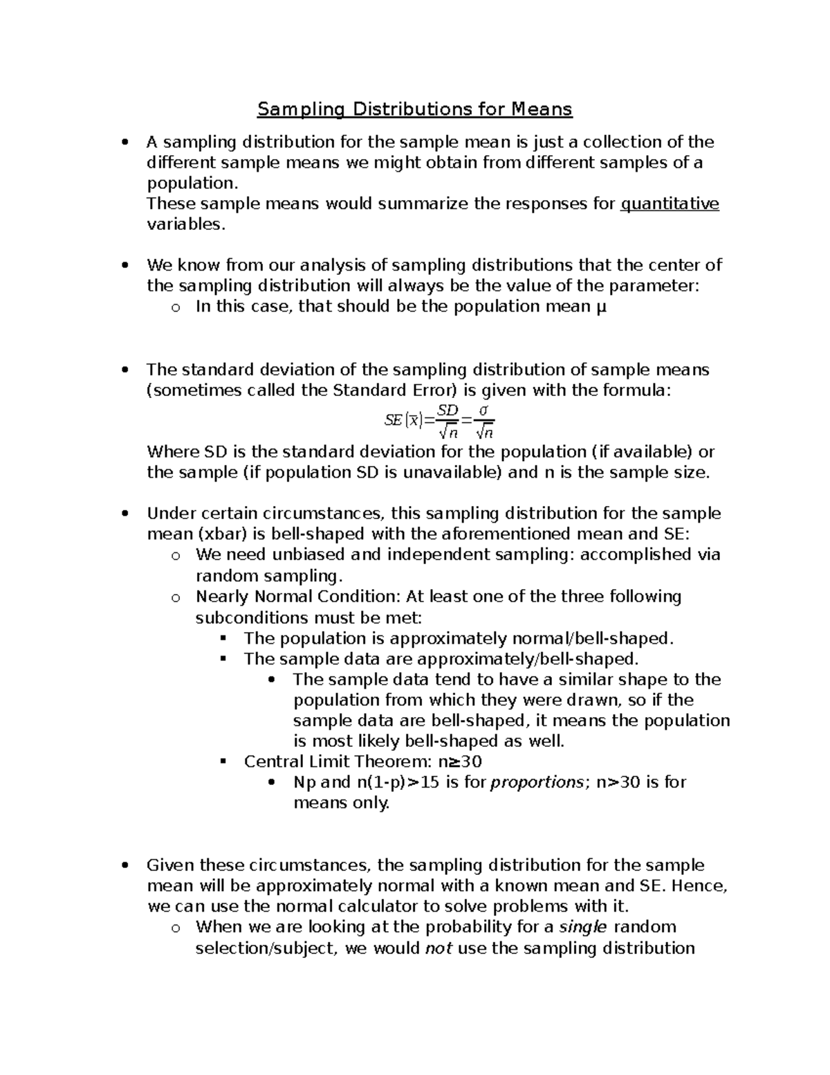Sampling Distributions for Means: Central Limit Theorem Explained - Studocu