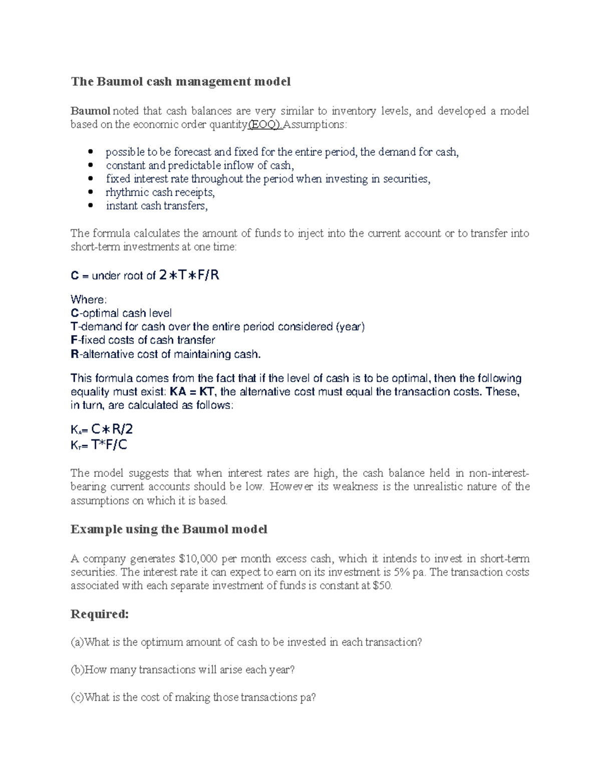 The Baumol cash management model - The Baumol cash management model ...