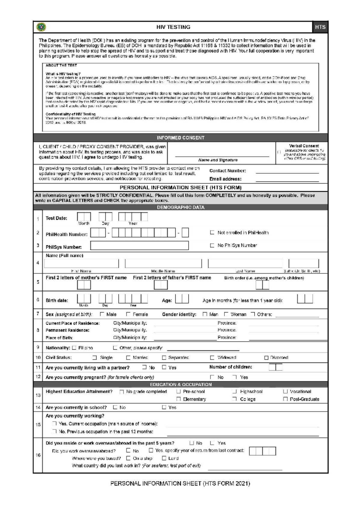 HIV Testing and Consent Form (DOH HTS) - Confidentiality and Process ...