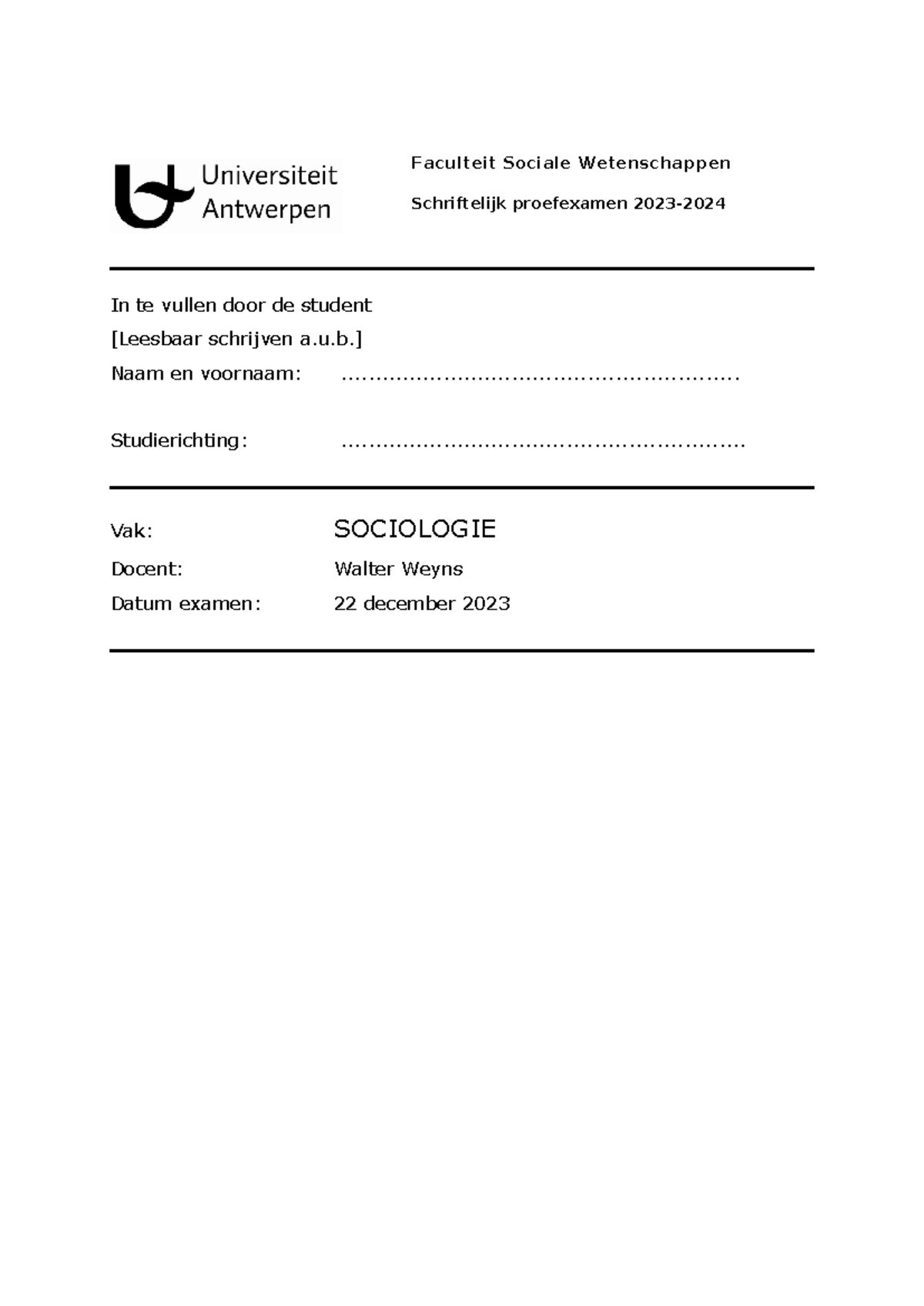 Proefexamen SOCIOLOGIE 2022-2023 - Faculteit Sociale Wetenschappen ...