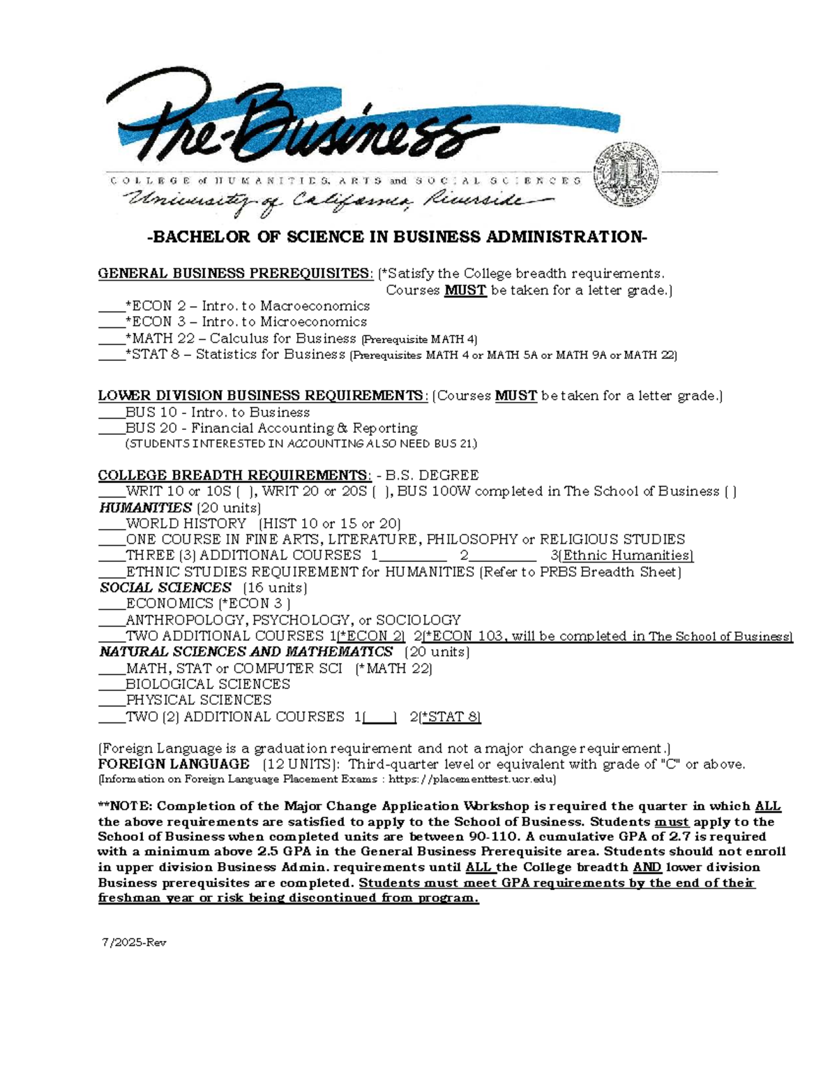 General Business Prerequisites for B.S. in Business Admin. - Studocu