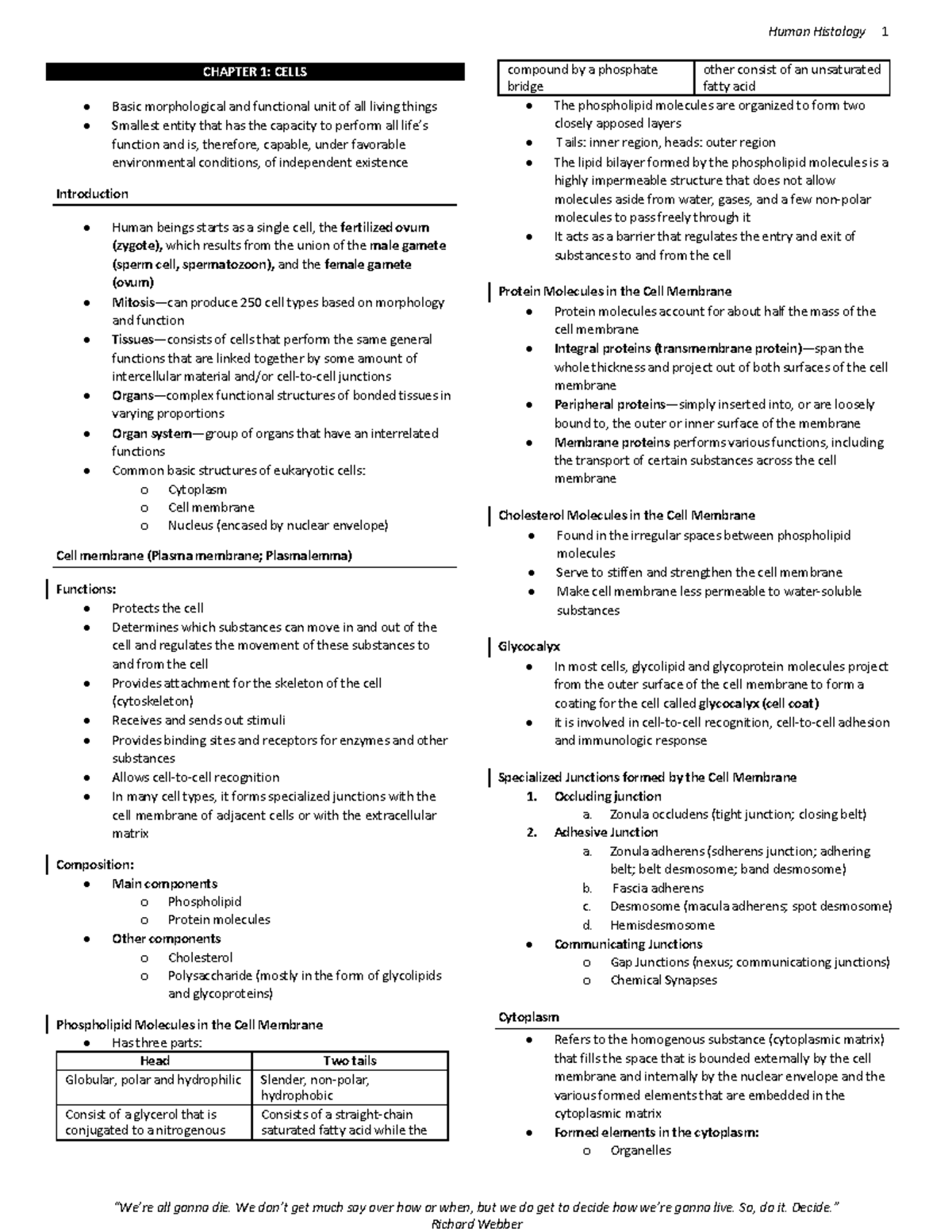 Human Histology CHAPTER 1: CELLS - Overview of Cellular Structure and Function - Studocu