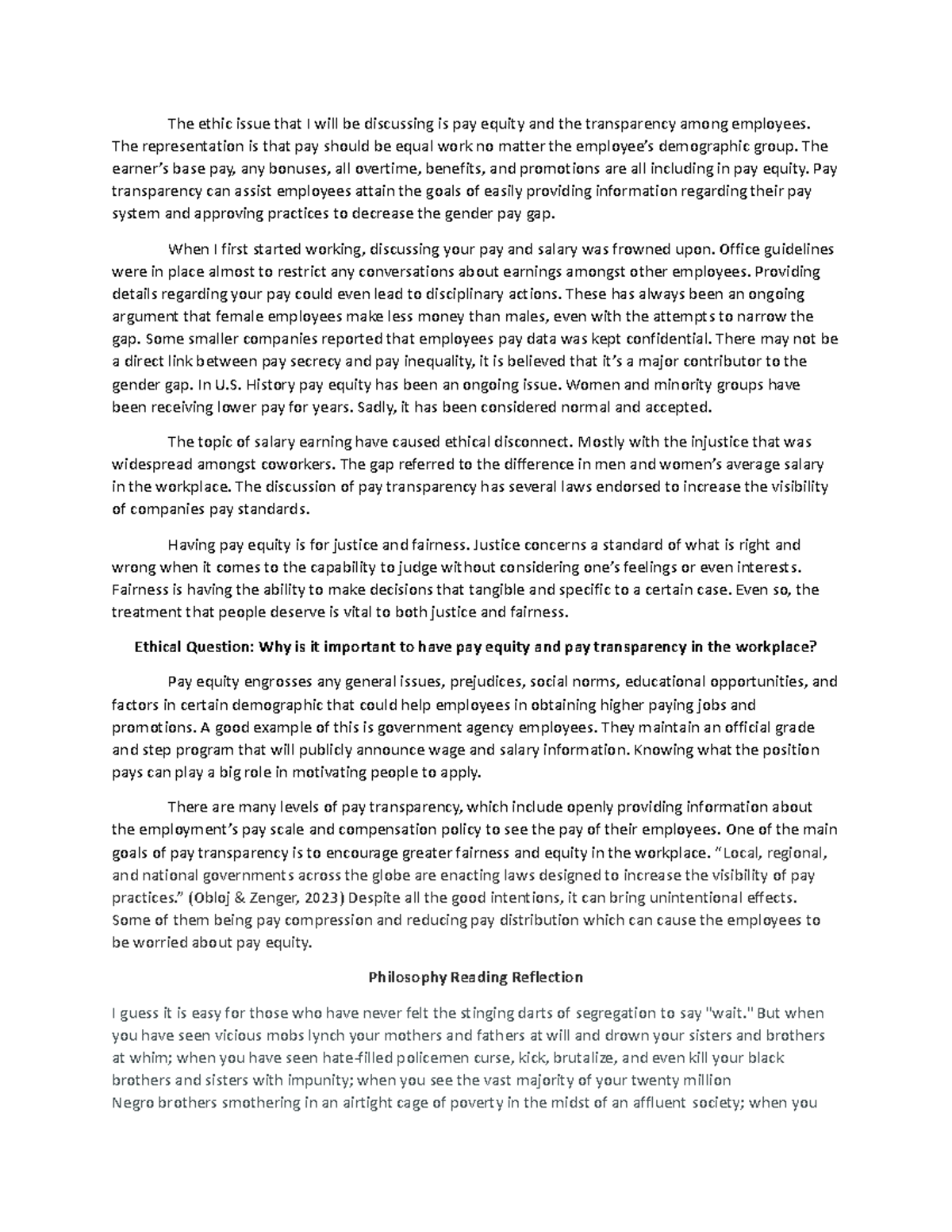 Phi 208 Week 5 Final Paper: Exploring Pay Equity and Transparency Ethics - Studocu