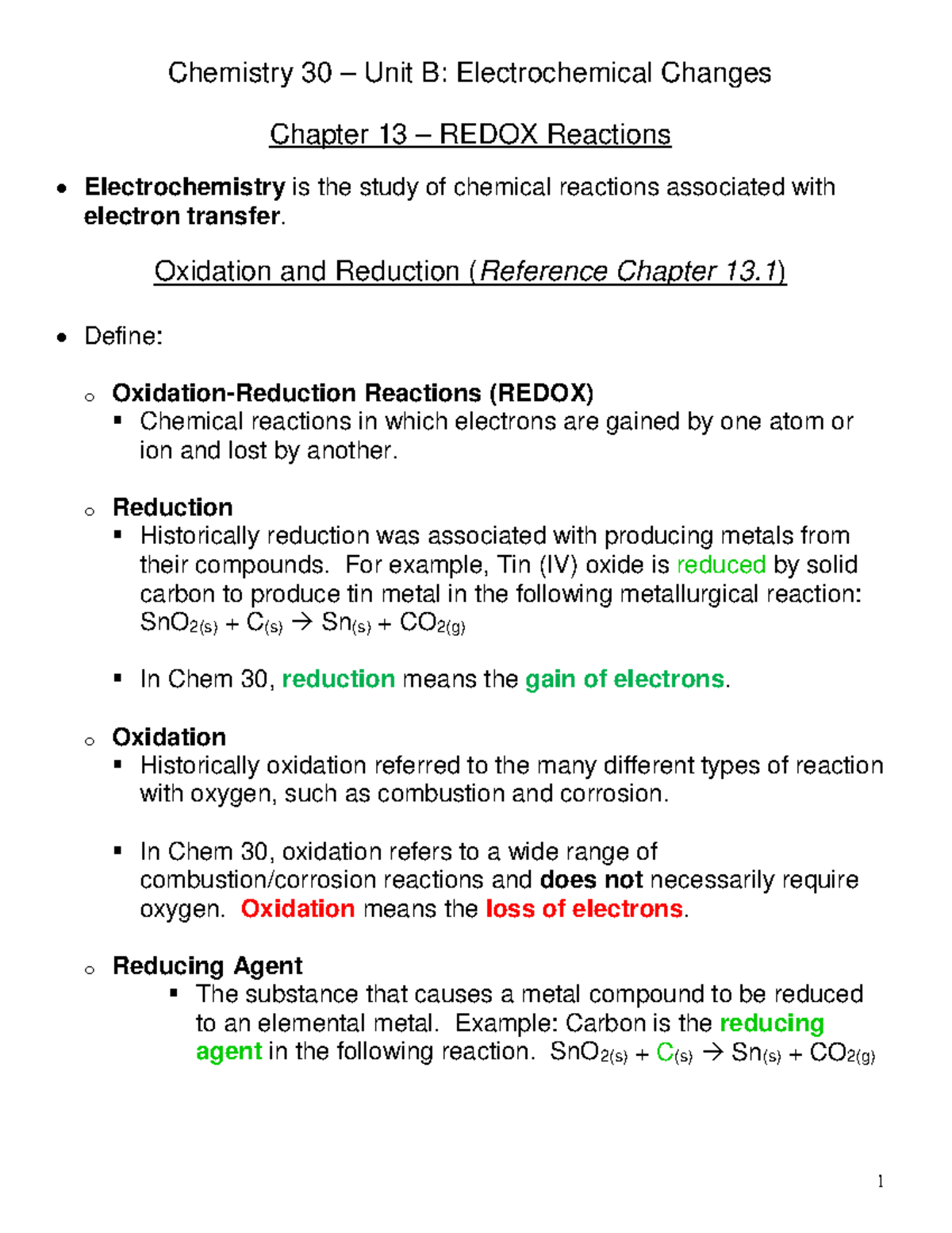 Chemistry 30: Unit B - REDOX Reactions & Electrochemistry Notes - Studocu