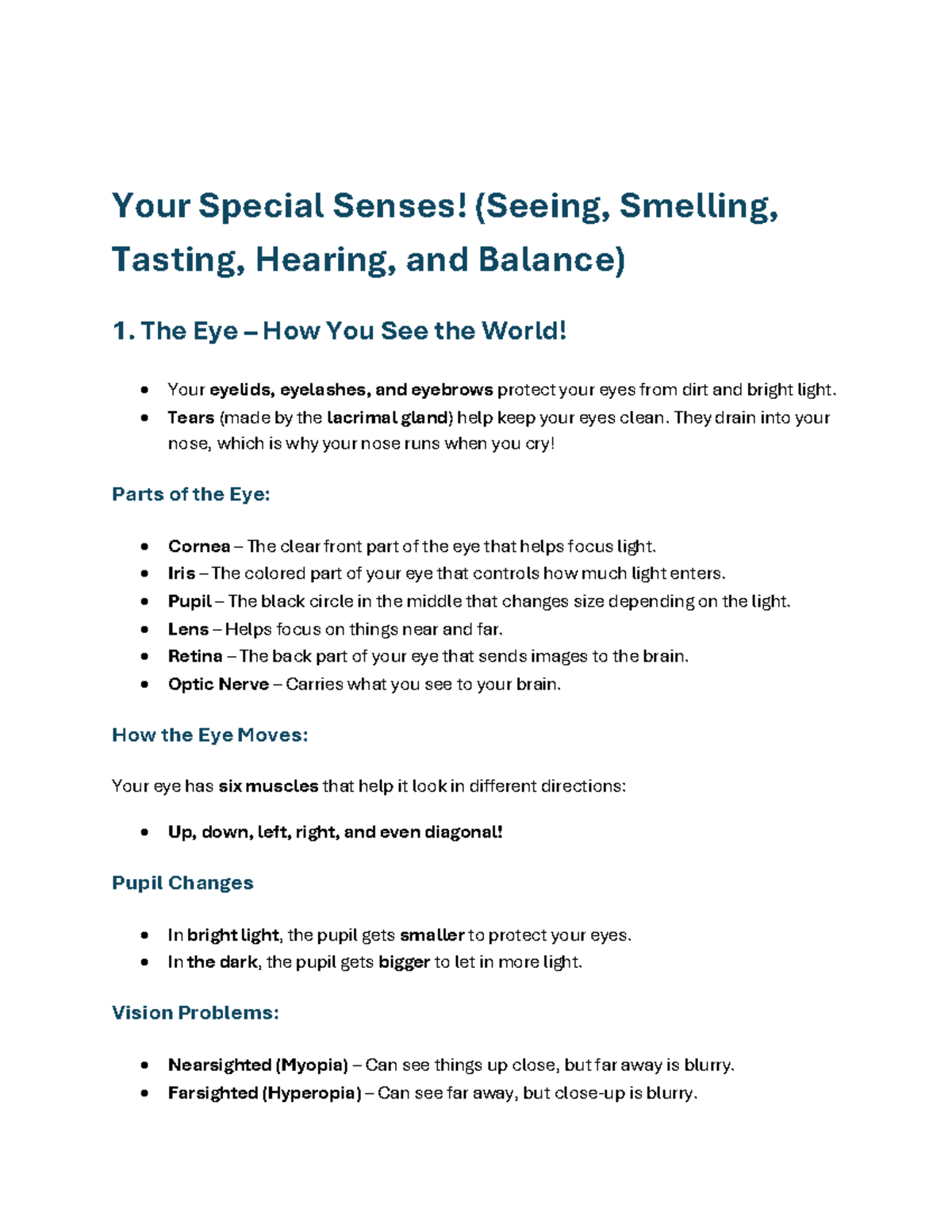 Special senses notes - Your Special Senses! (Seeing, Smelling, Tasting ...