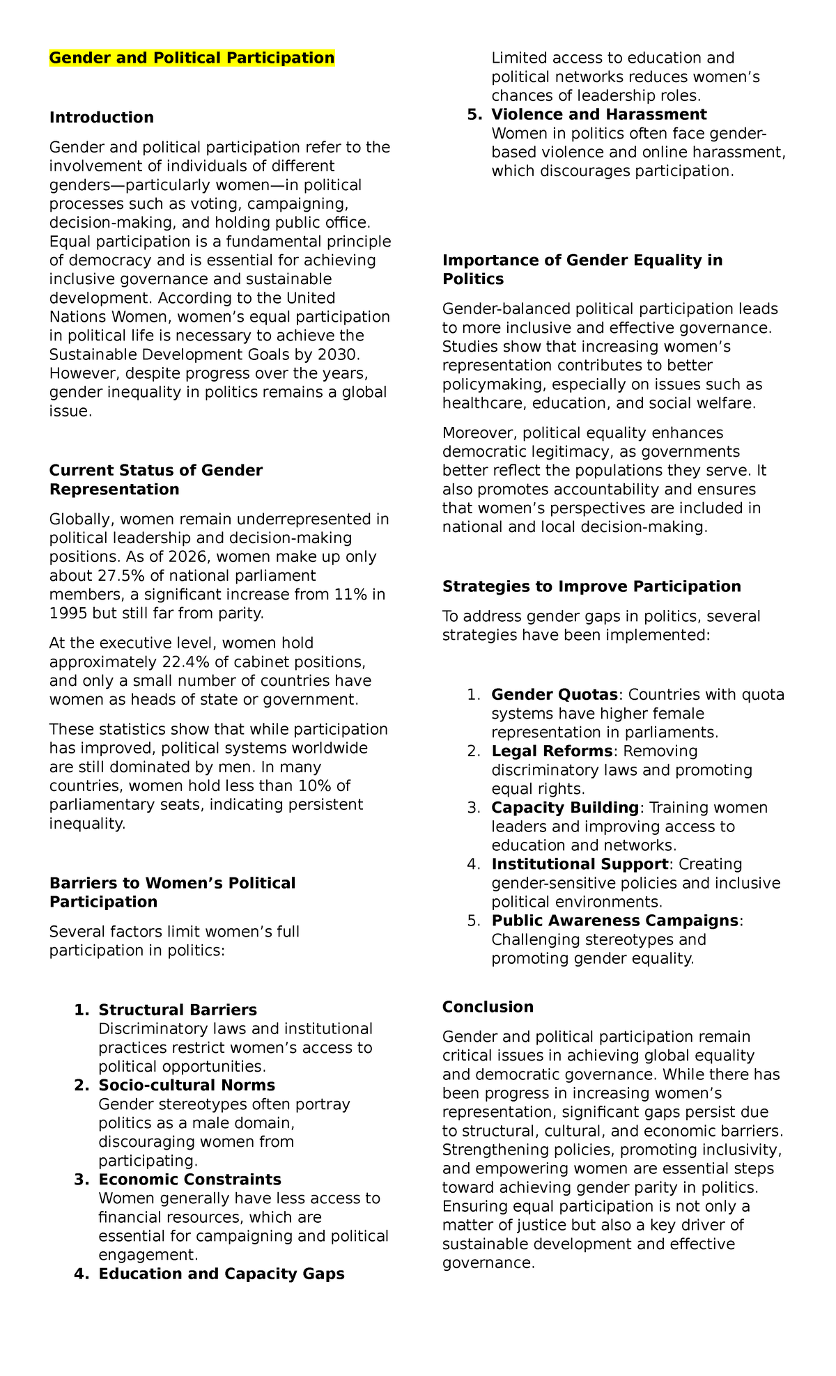 Gender and Political Participation: Addressing Inequality and Barriers ...