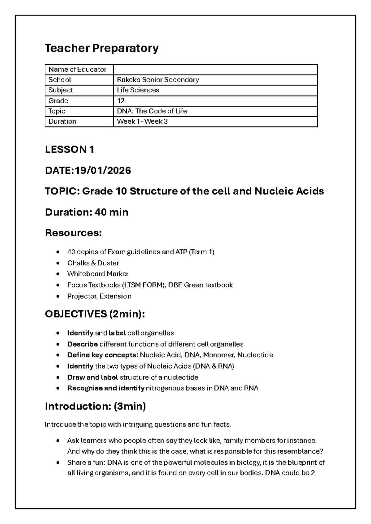 DNA Code of Life Preparation: Grade 12 Life Sciences Lesson Plan - Studocu