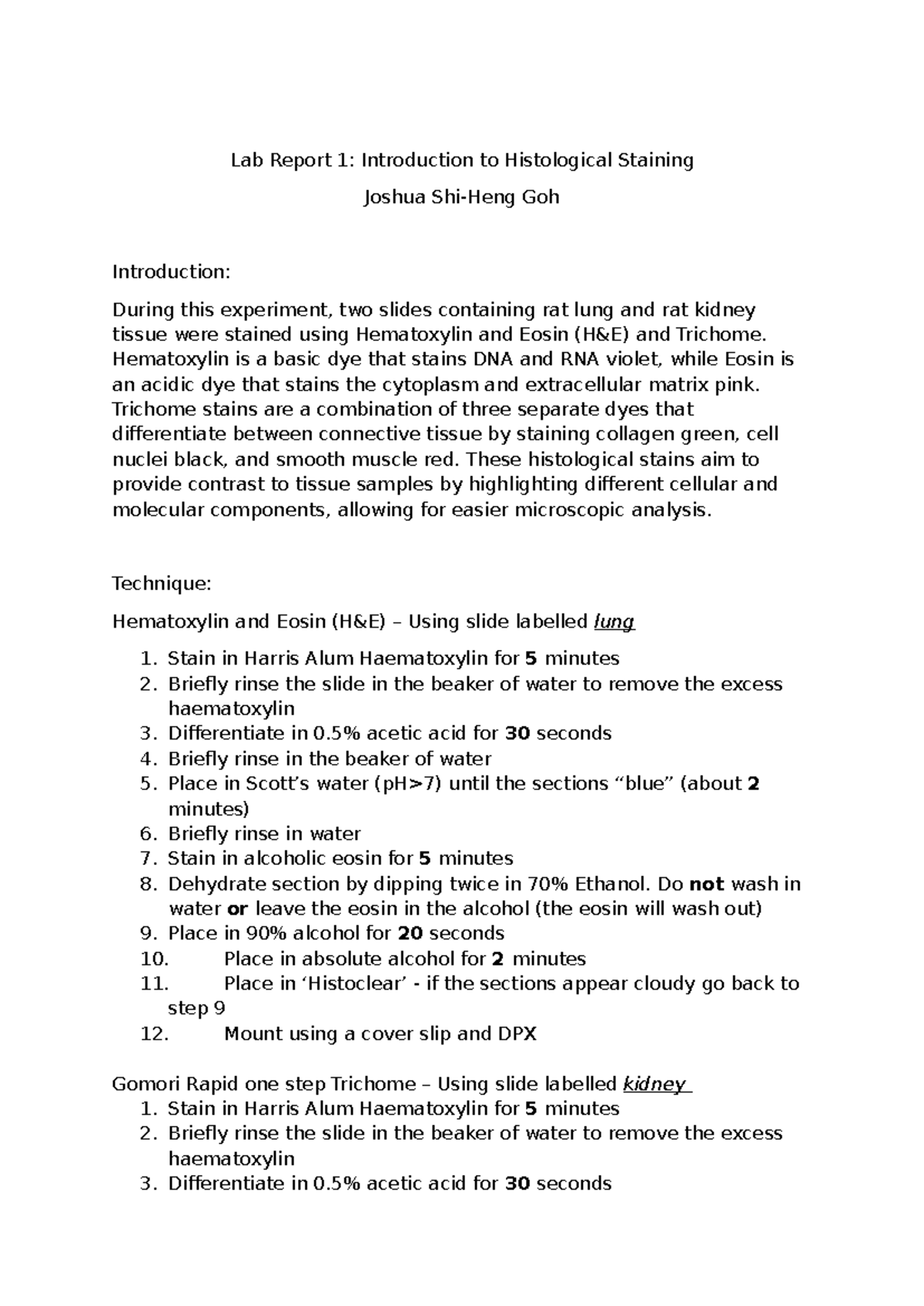 Lab Report 1: Histological Staining of Rat Lung & Kidney - TUKRTR - Studocu