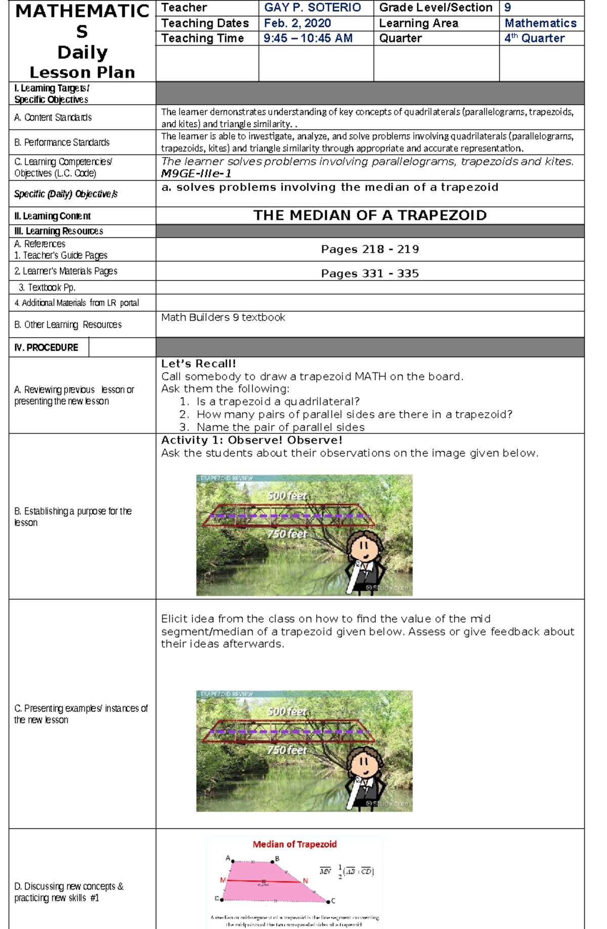 Grade 9 Mathematics Lesson Plan: Quadrilaterals & Quadratic Equations ...