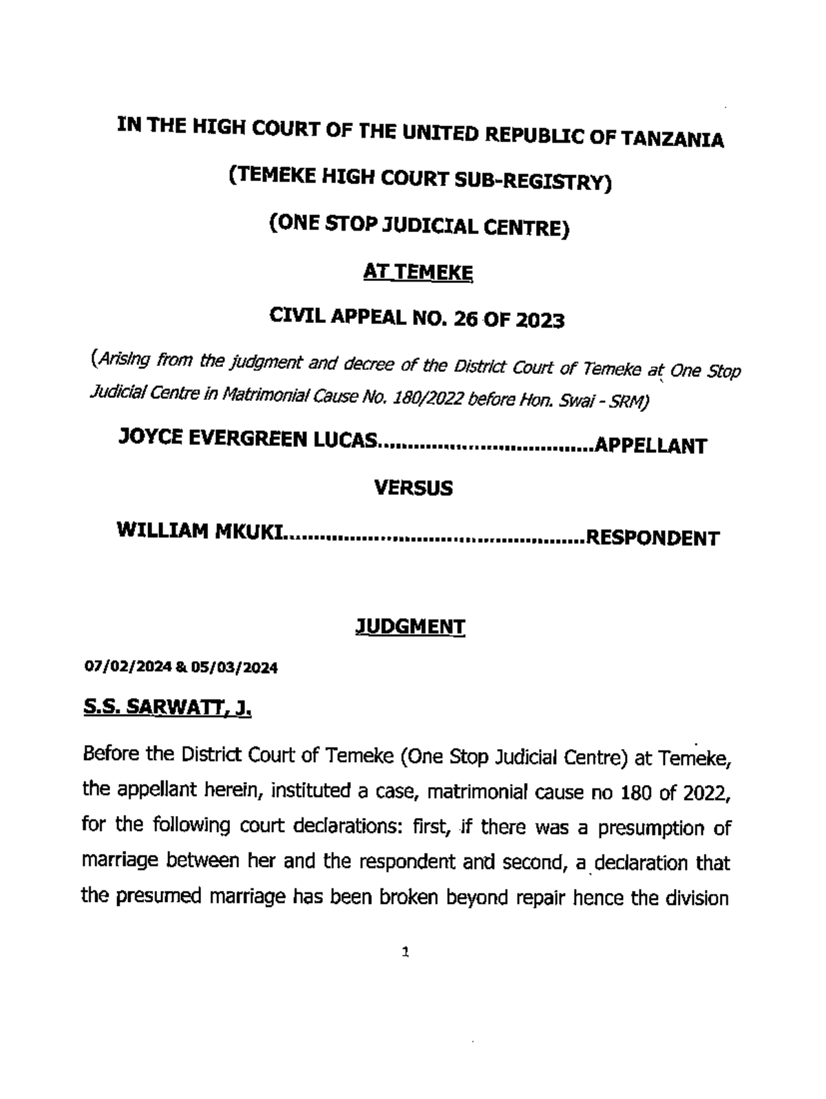 Civil Appeal No. 26 of 2023: Joyce Evergreen Lucas vs. William Mkuki ...