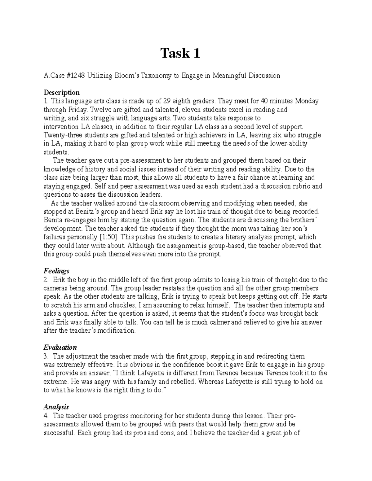 D091 Task 1 - this is task 1 for D091. - Task 1 A #1248 Utilizing Bloom’s Taxonomy to Engage in ...