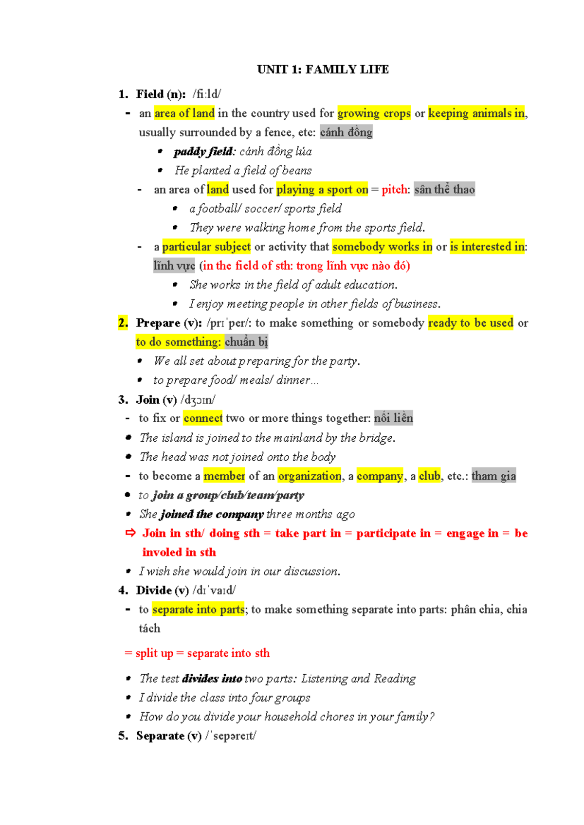 UNIT 1: FAMILY LIFE - Vocabulary and Key Concepts - Studocu
