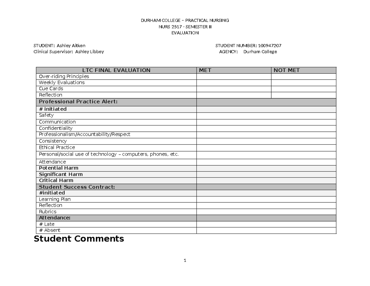 LTC Weekly Evaluation Form for NURS 2517 – Semester II - Studocu