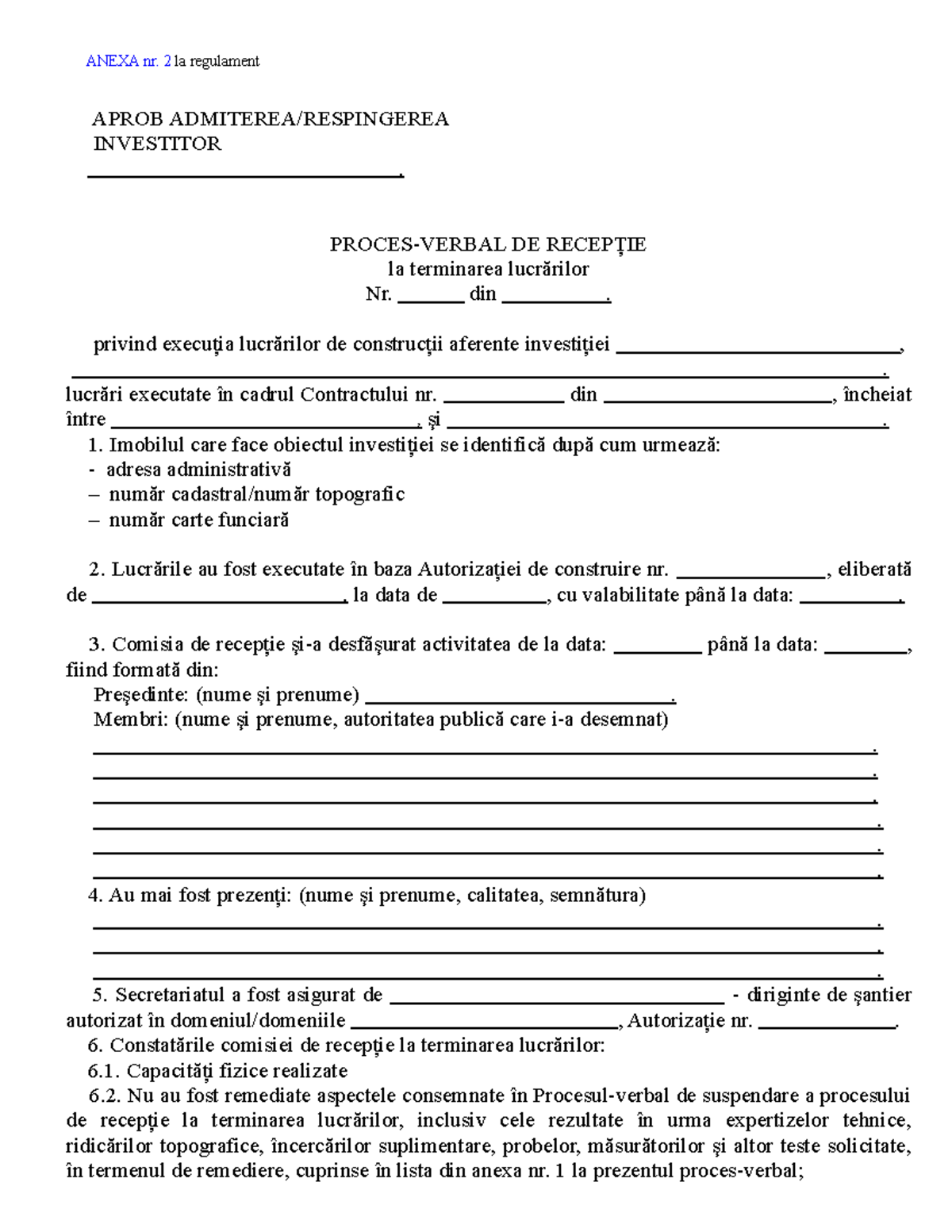 Proces-verbal Recepte Lucrări Construcții - Model de Document - Studocu