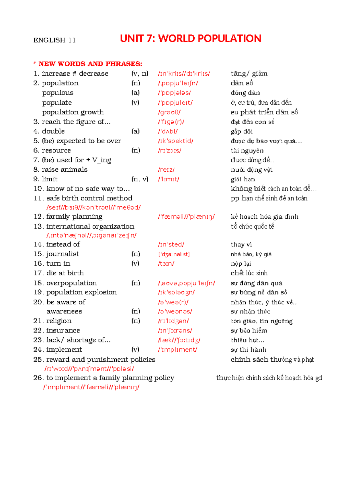 ENGLISH 11 UNIT 7: WORLD POPULATION VOCABULARY LIST - Studocu