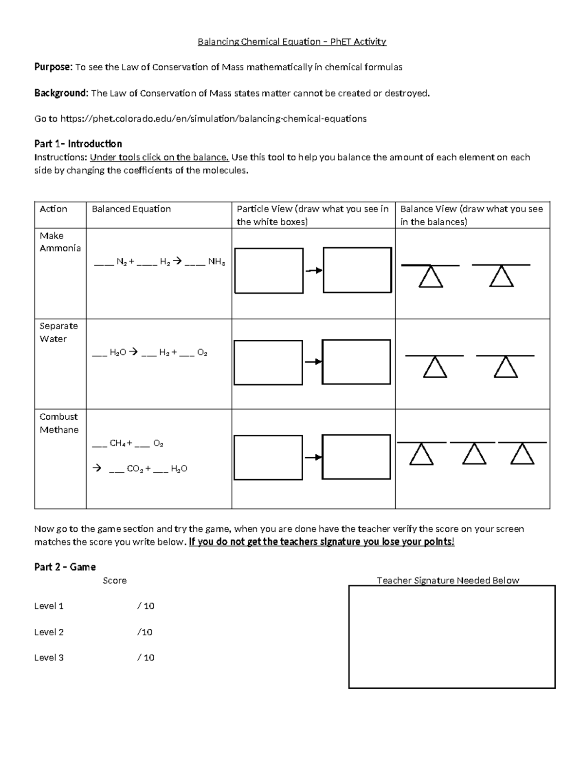 Balancing Chemical Equations - PhET Activity Guide - Studocu