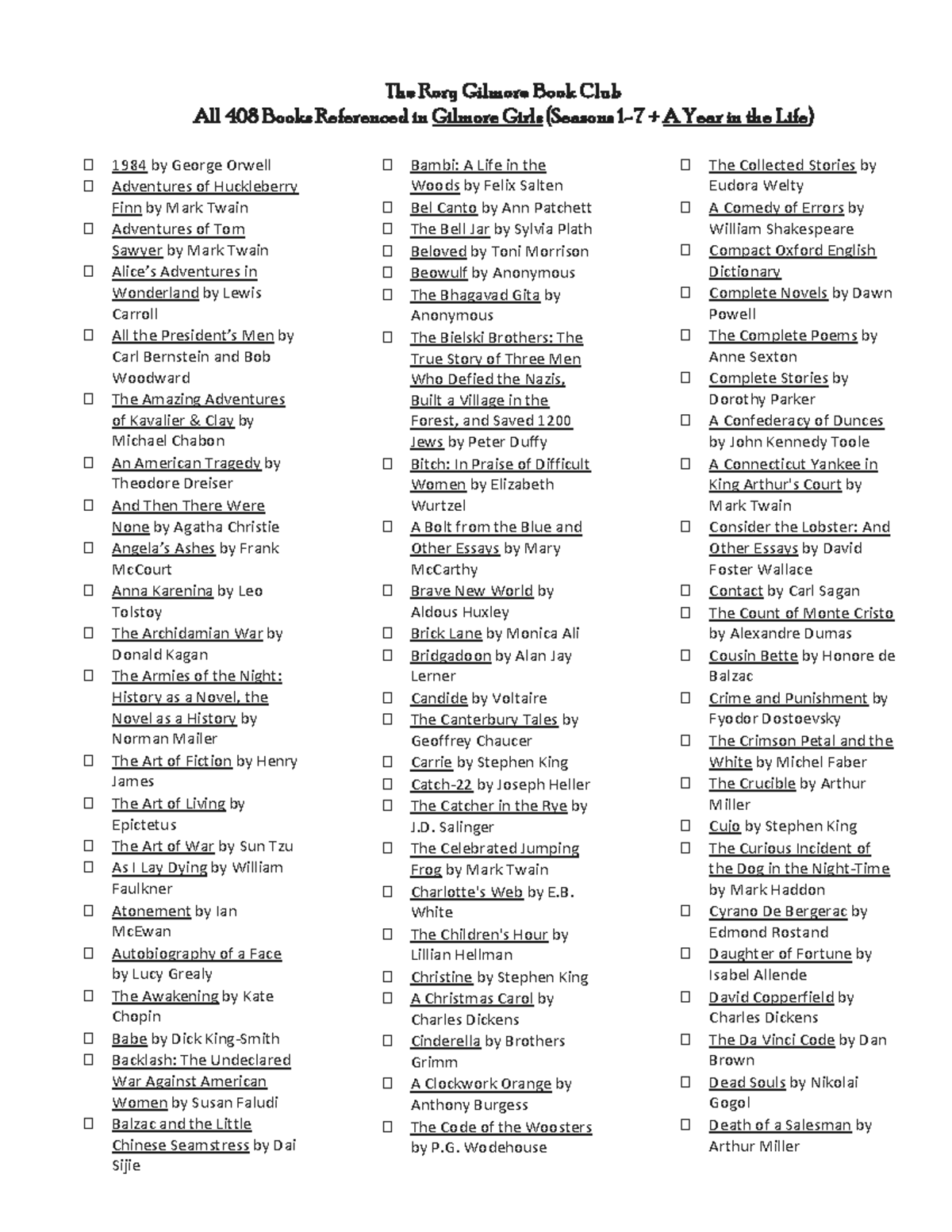 Rory Gilmore Book Club: Complete List of 408 Books from the Show - Studocu