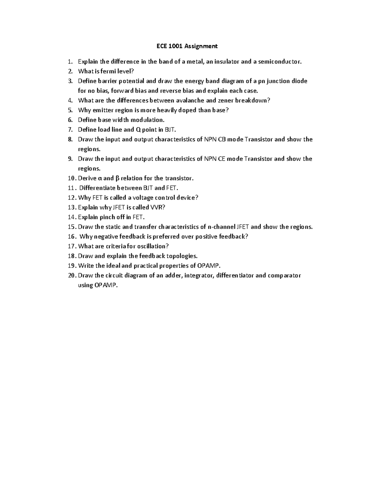 ECE 1001 Assignment 1: Band Theory, Diodes, and Transistor Concepts ...