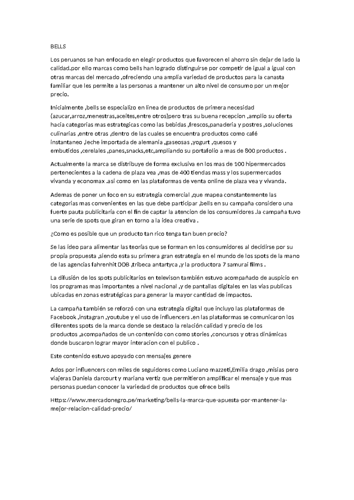 Investigación sobre la Marca Bells: Estrategias y Productos - Studocu