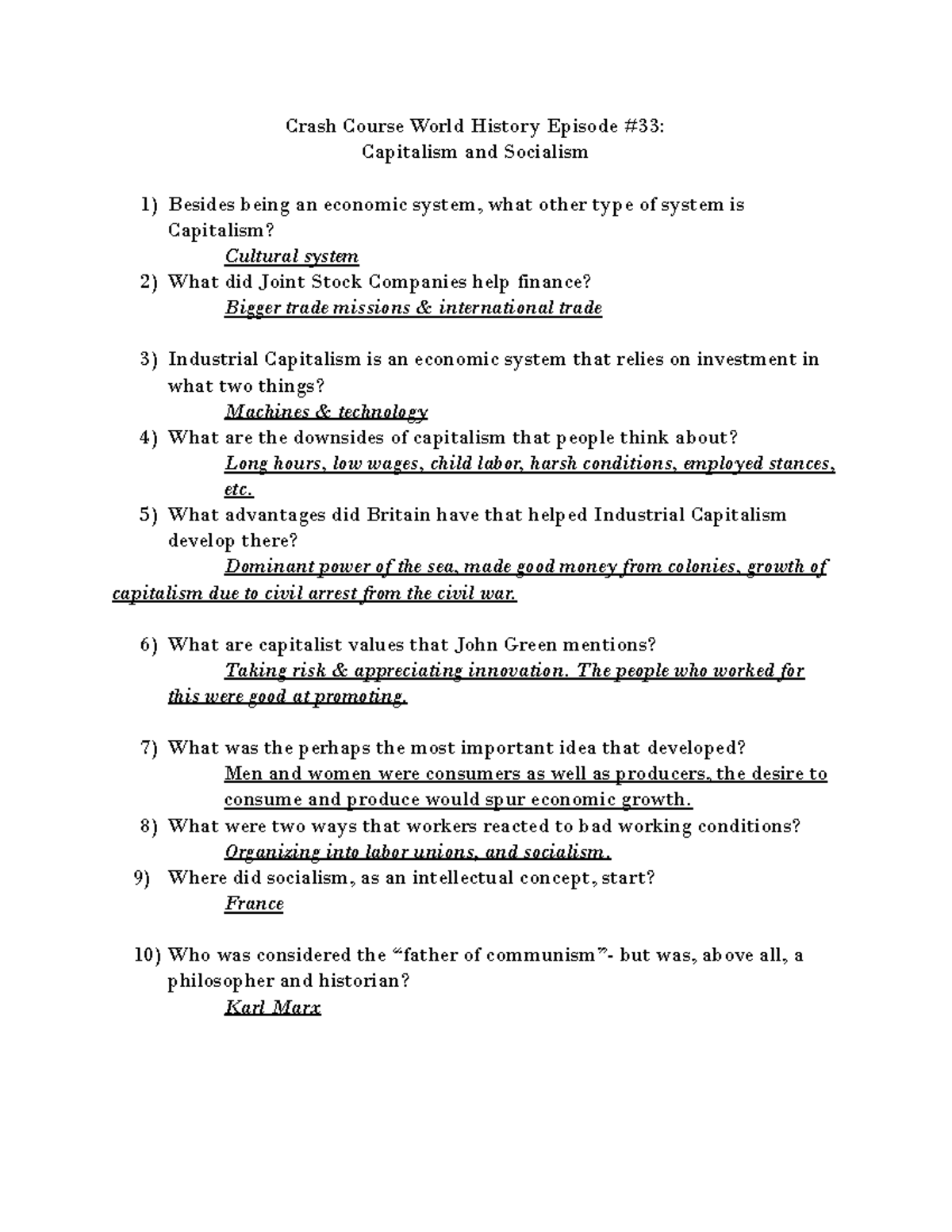 Crash Course World History: Capitalism & Socialism Insights - Studocu