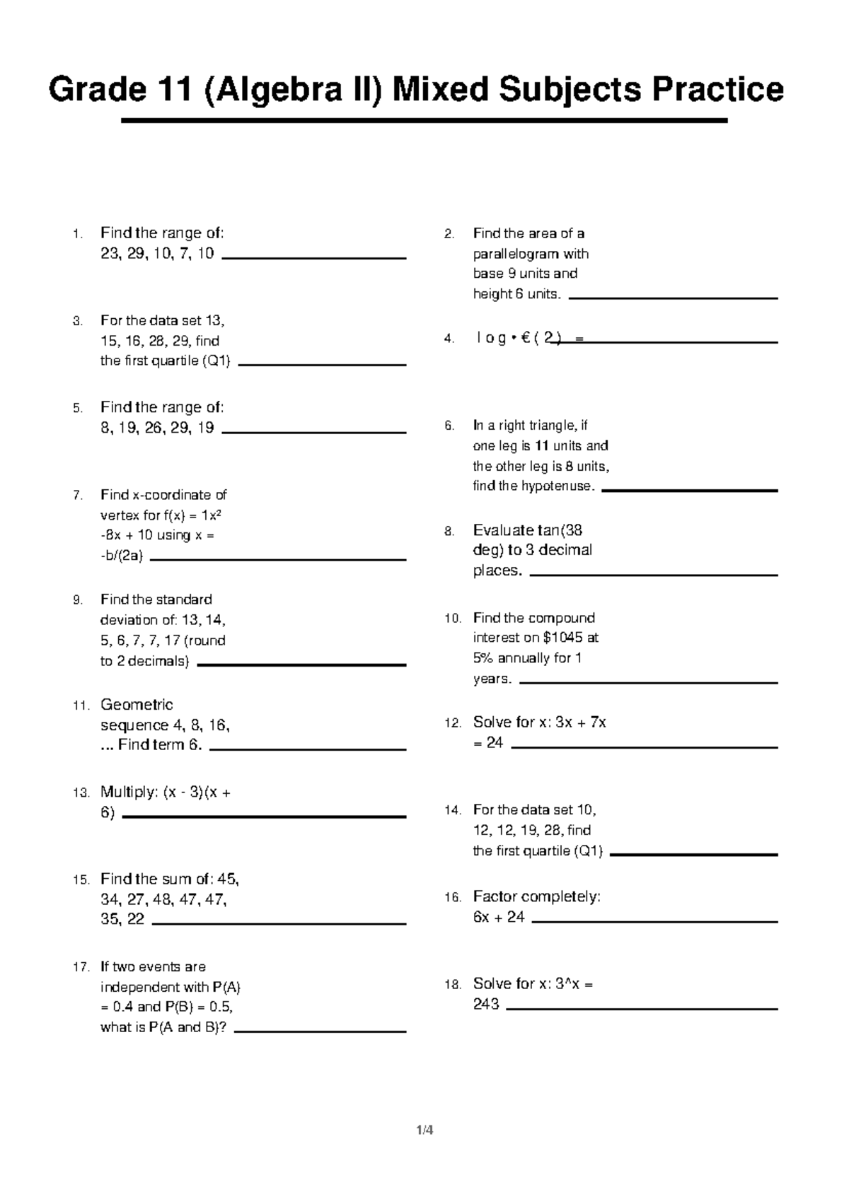 Grade 11 (Algebra II) Mixed Subjects Practice Exam 1 - Studocu