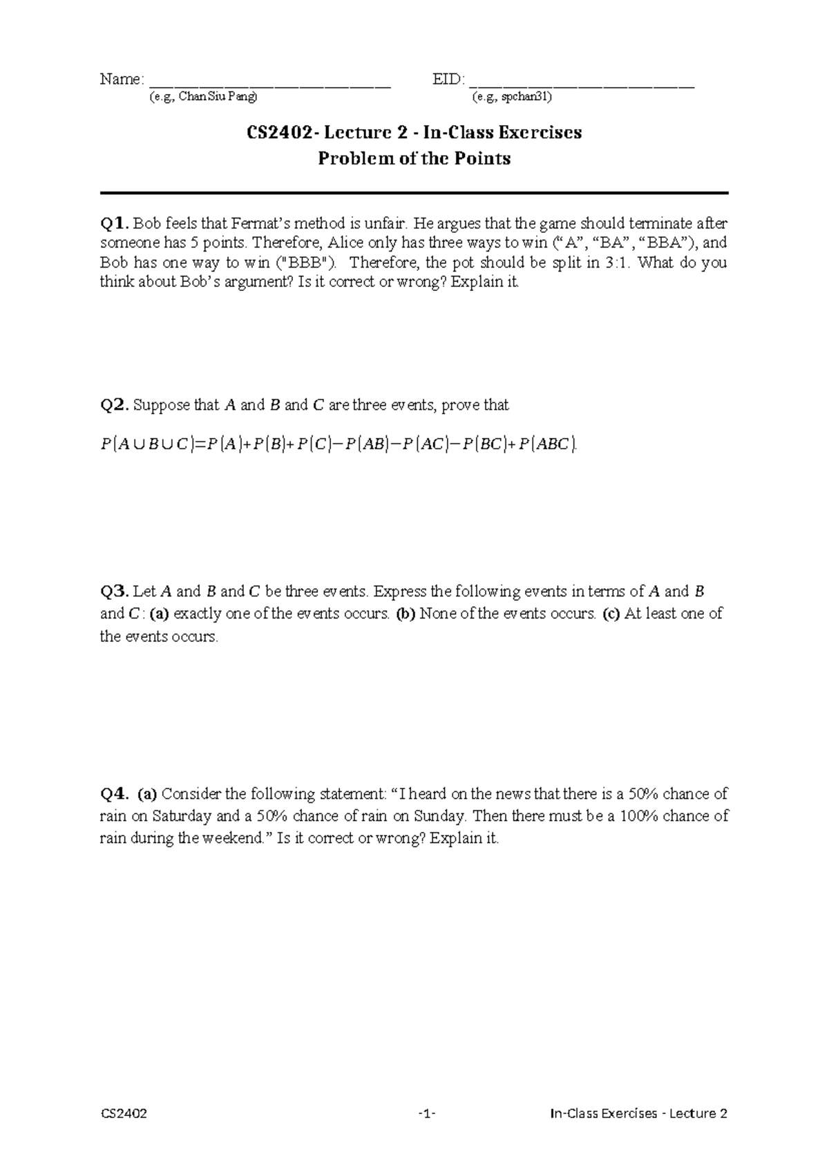 CS2402 Lecture 2 Exercises: Problem of the Points and Events - Studocu