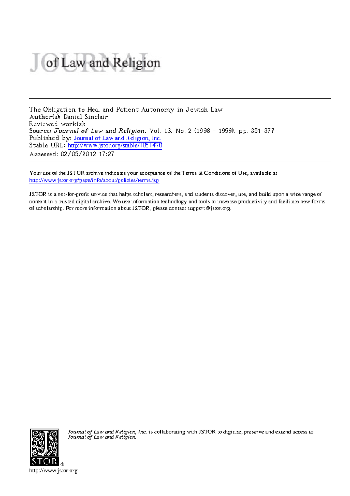 The Obligation to Heal and Patient Autonomy in Jewish Law (JLR 13:2 ...