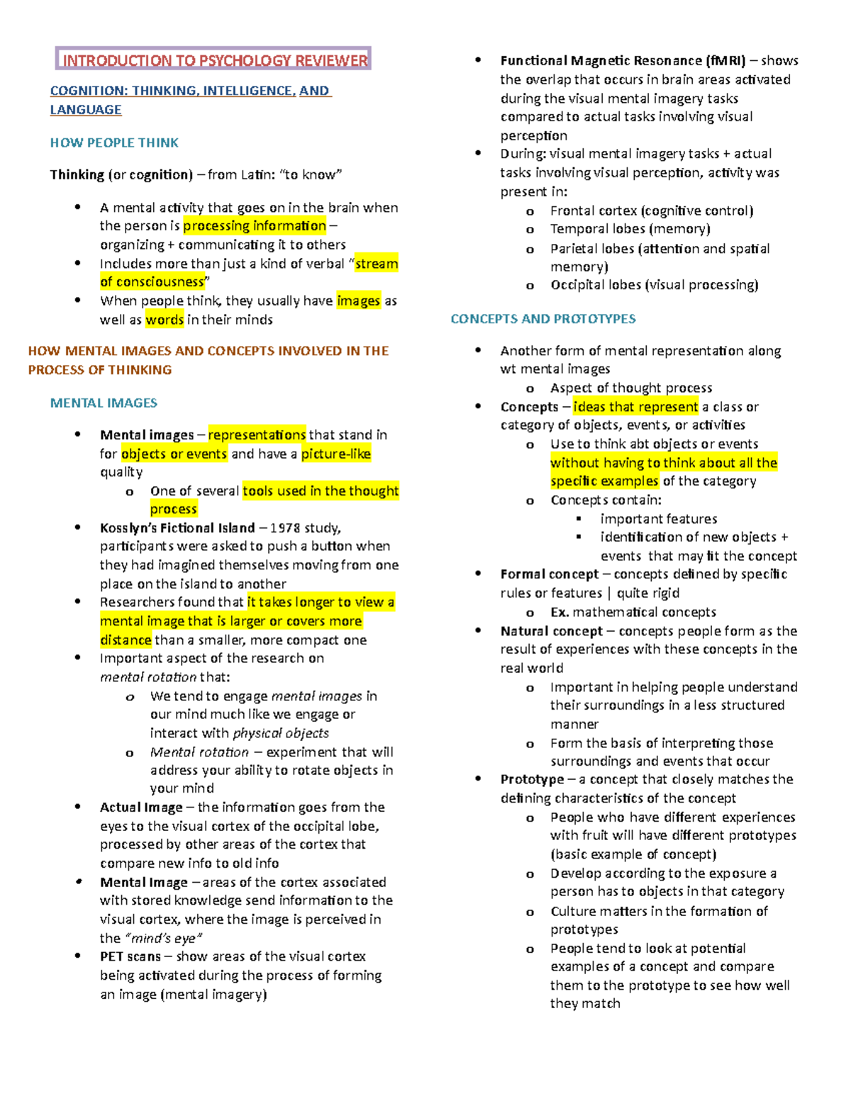 PSY 101 Introduction to Psychology: Cognition and Intelligence Review ...