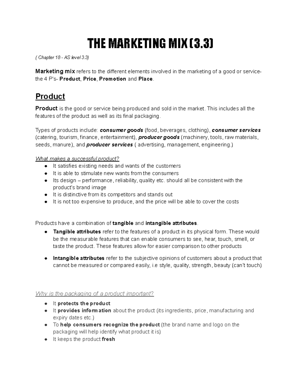 The Marketing Mix Explained (3.3) - AS Level Chapter 18 Notes - Studocu