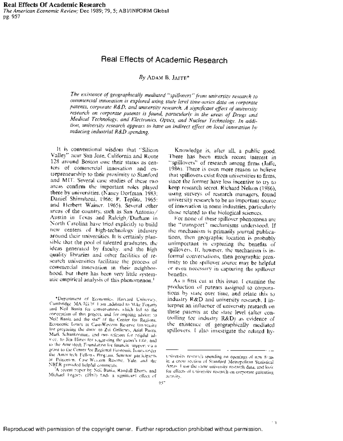 Real Effects of Academic Research: AER 1989 Insights - Studocu
