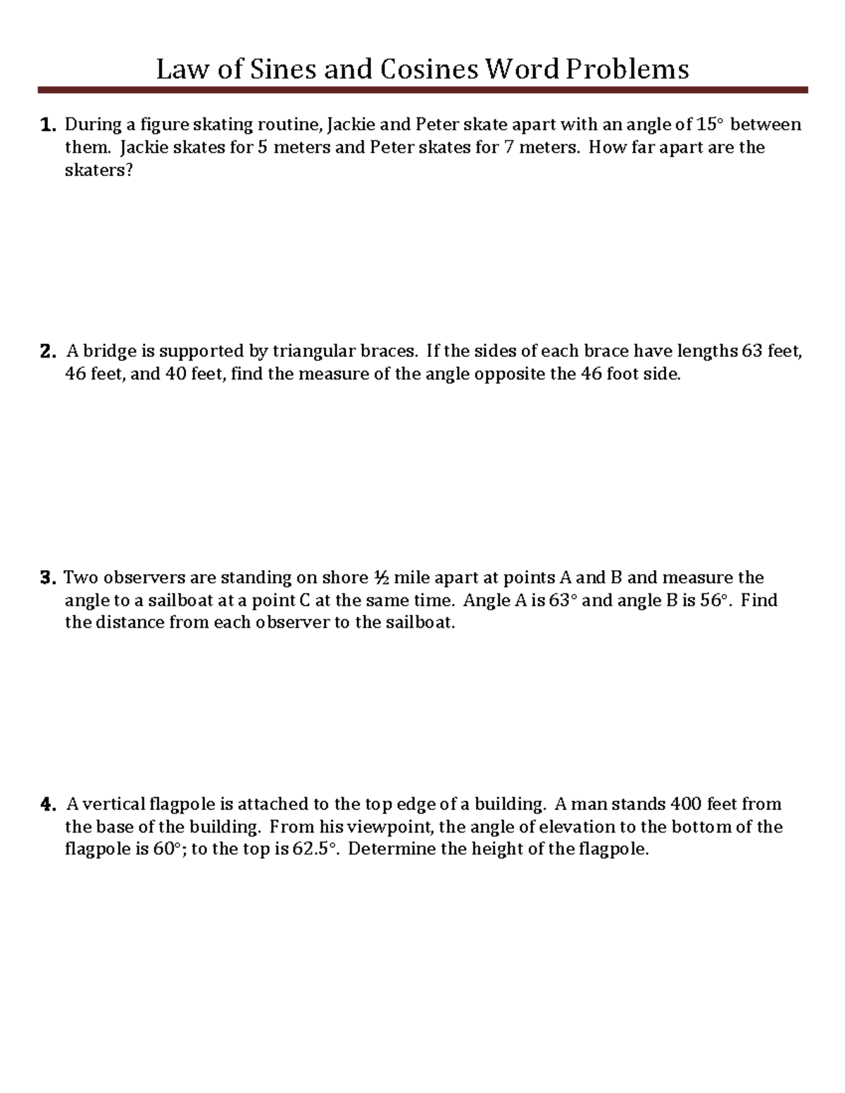 0111HW - Law of Sines & Cosines Word Problems in Math HW Alg 1 - Studocu