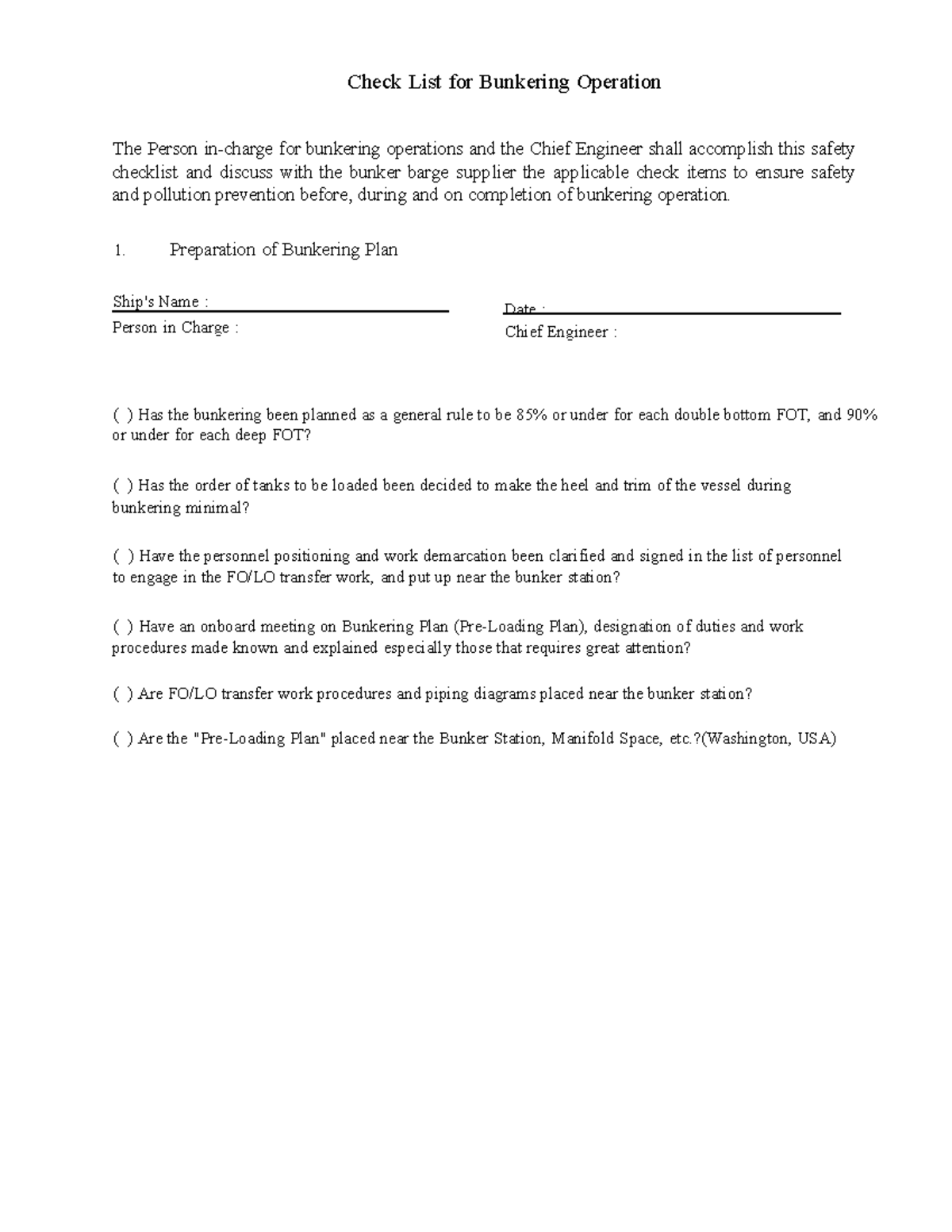 Bunkering Operation Safety Checklist (BUNK 101) - Studocu