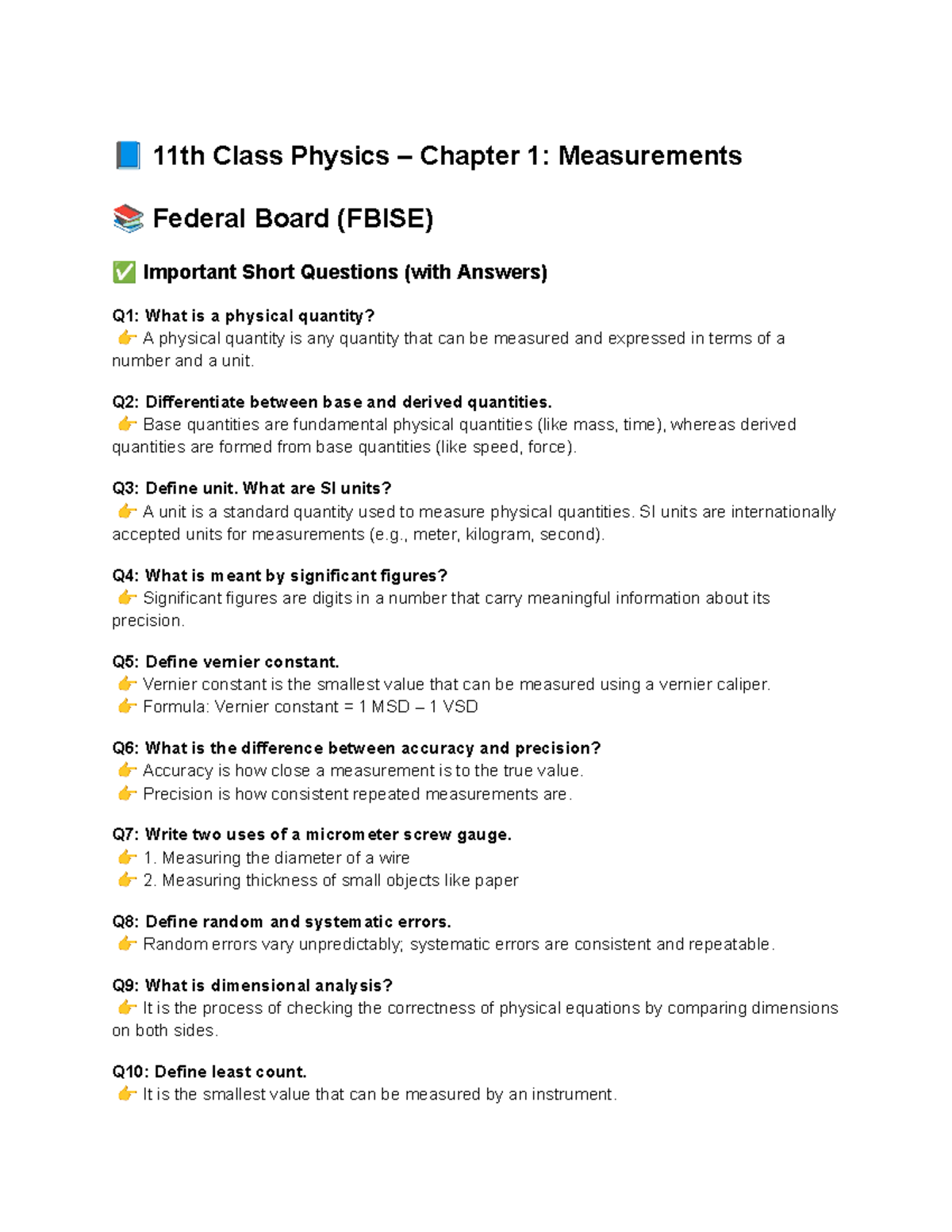 11th Class Physics Chapter 1: Important Short Qs & Answers (FBISE ...