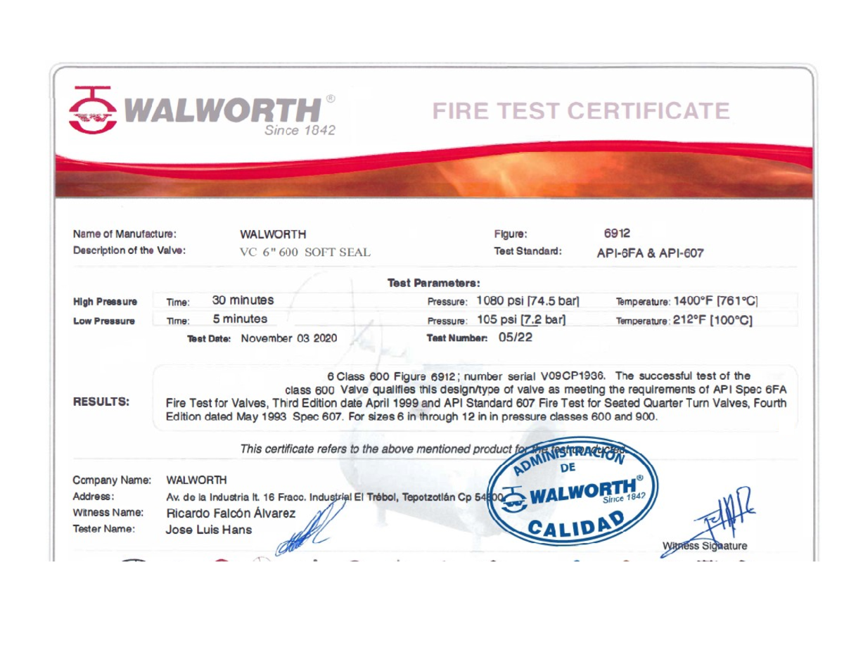 Pruega de fuego - R WALWORTH FIRE TEST CERTIFICATE Since 1842 Name of ...