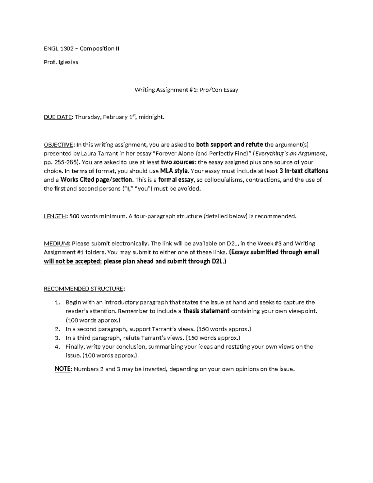 ENGL 1302 - Writing Assignment #1: Pro/Con Essay Details & Rubric - Studocu