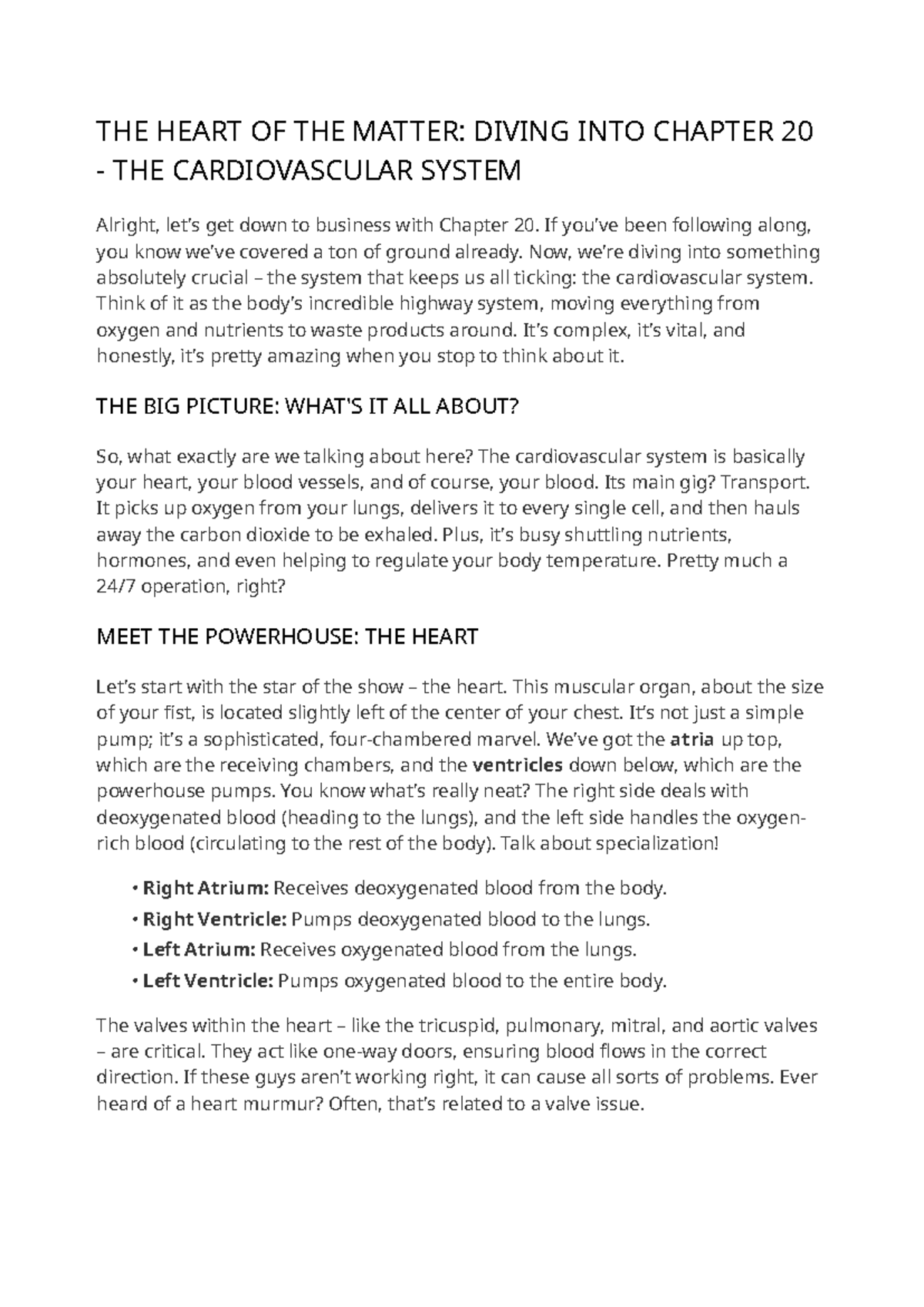 Anatomy & Physiology CH20: The Cardiovascular System Overview - Studocu
