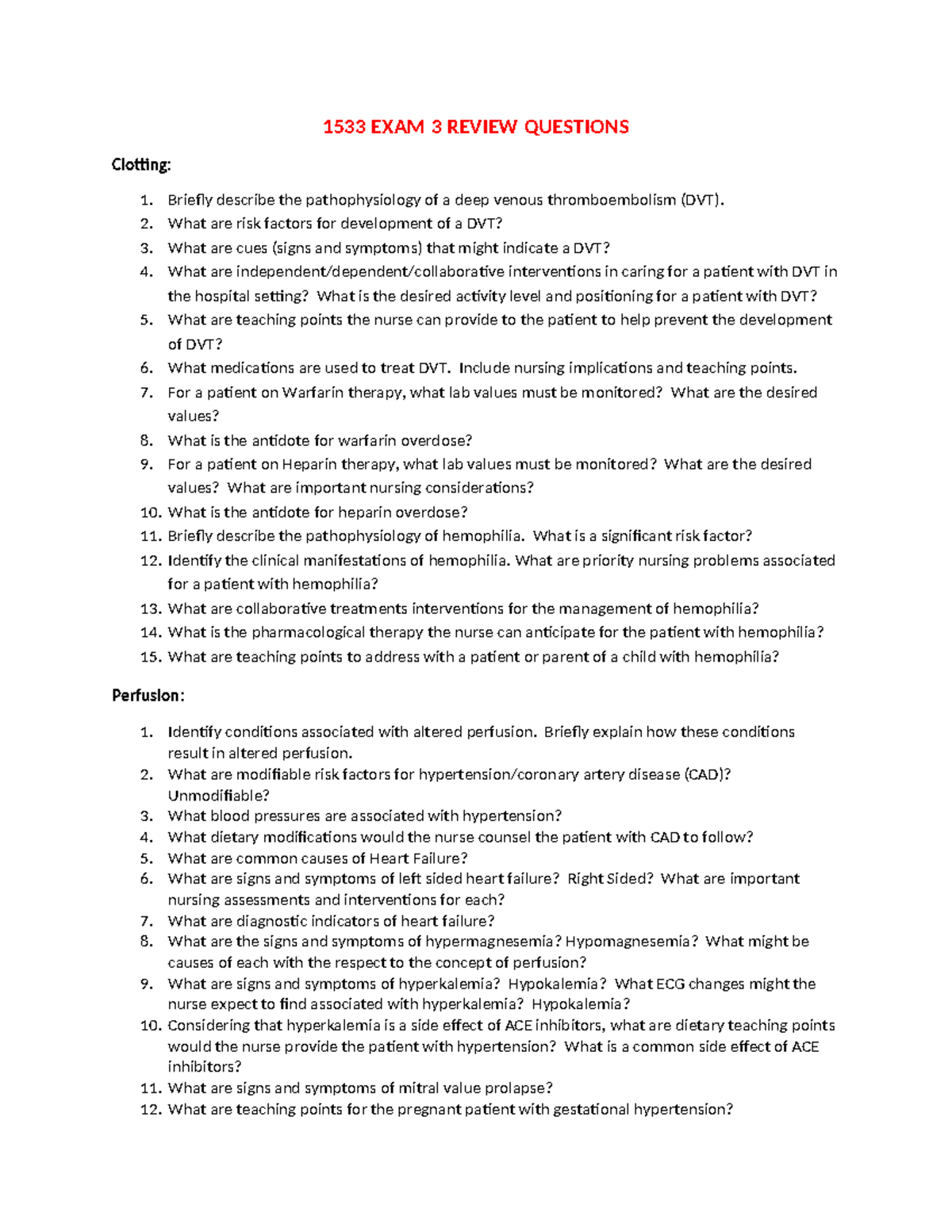 1533 Exam 3 Review Questions - Final Guide on DVT, Perfusion, and More ...