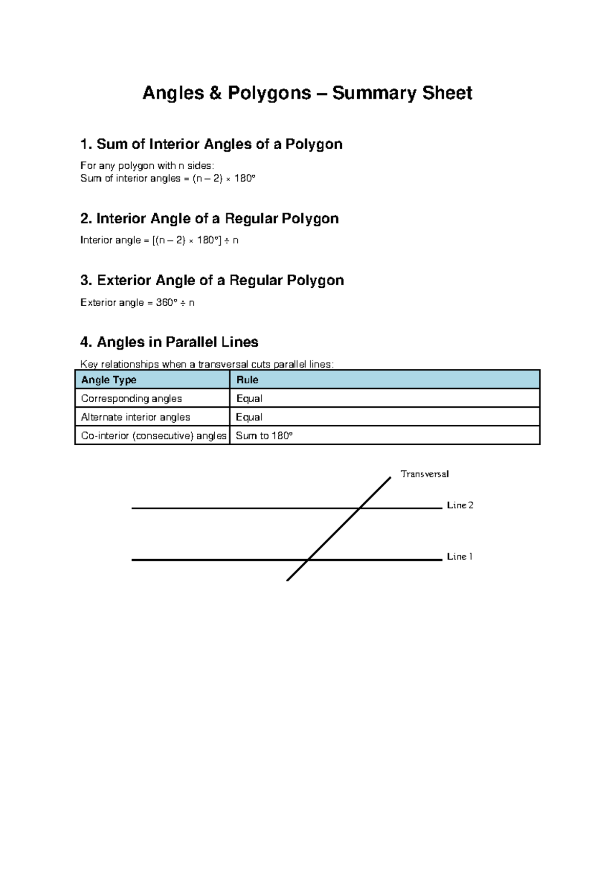 Angles and Polygons Summary - Angles & Polygons – Summary Sheet 1. Sum ...