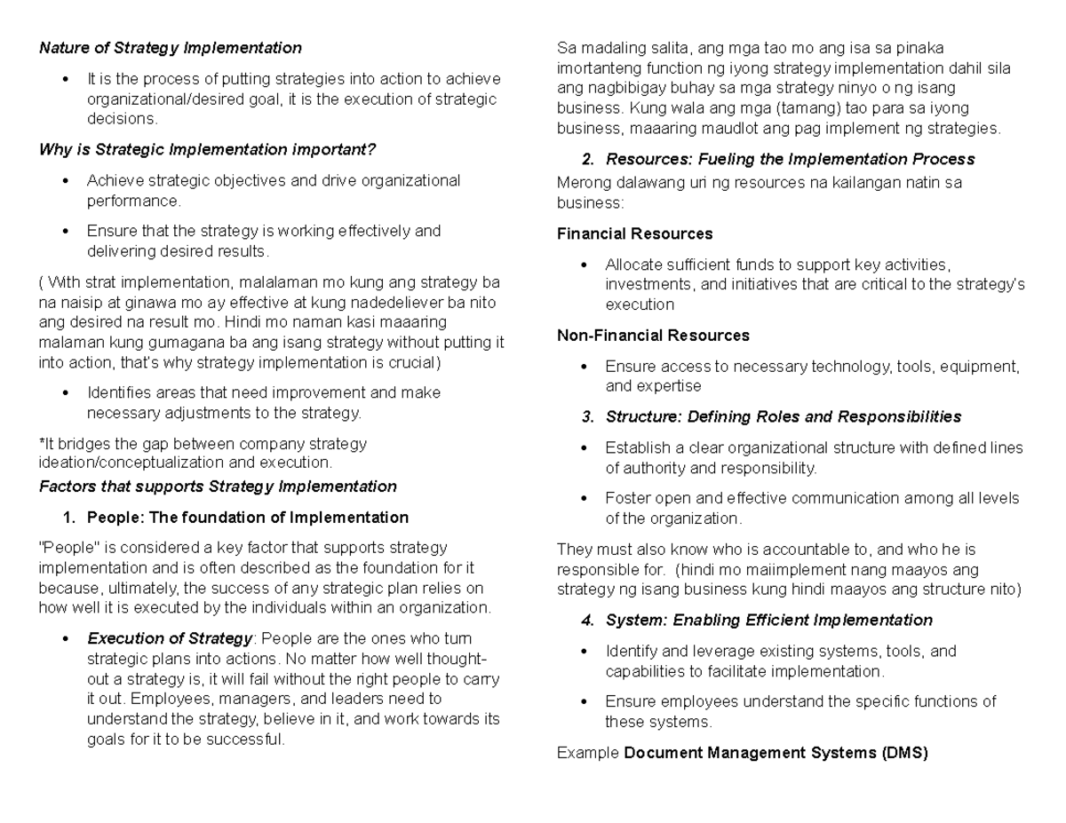 Strategic Implementation: Key Factors and Concepts for Success - Studocu