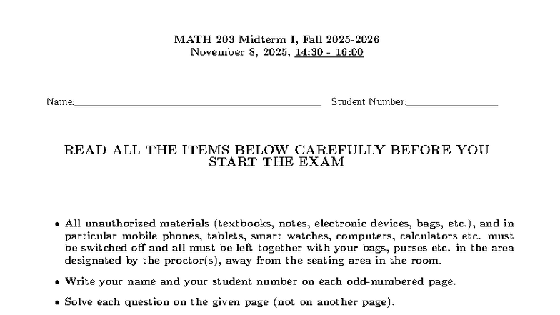 MATH 203 Midterm I Rules & Formula Sheet - Fall 2025 - Studocu