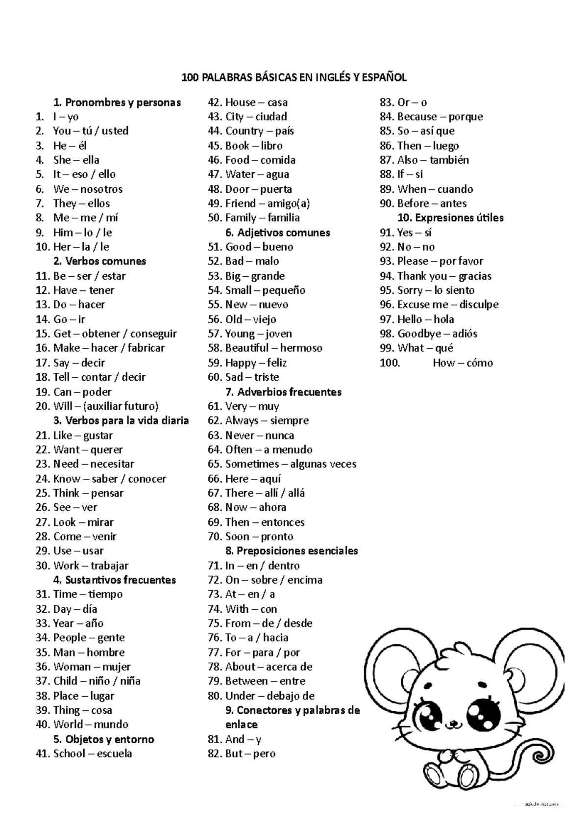 100 Palabras Básicas en Inglés y Español: Guía de Vocabulario - Studocu