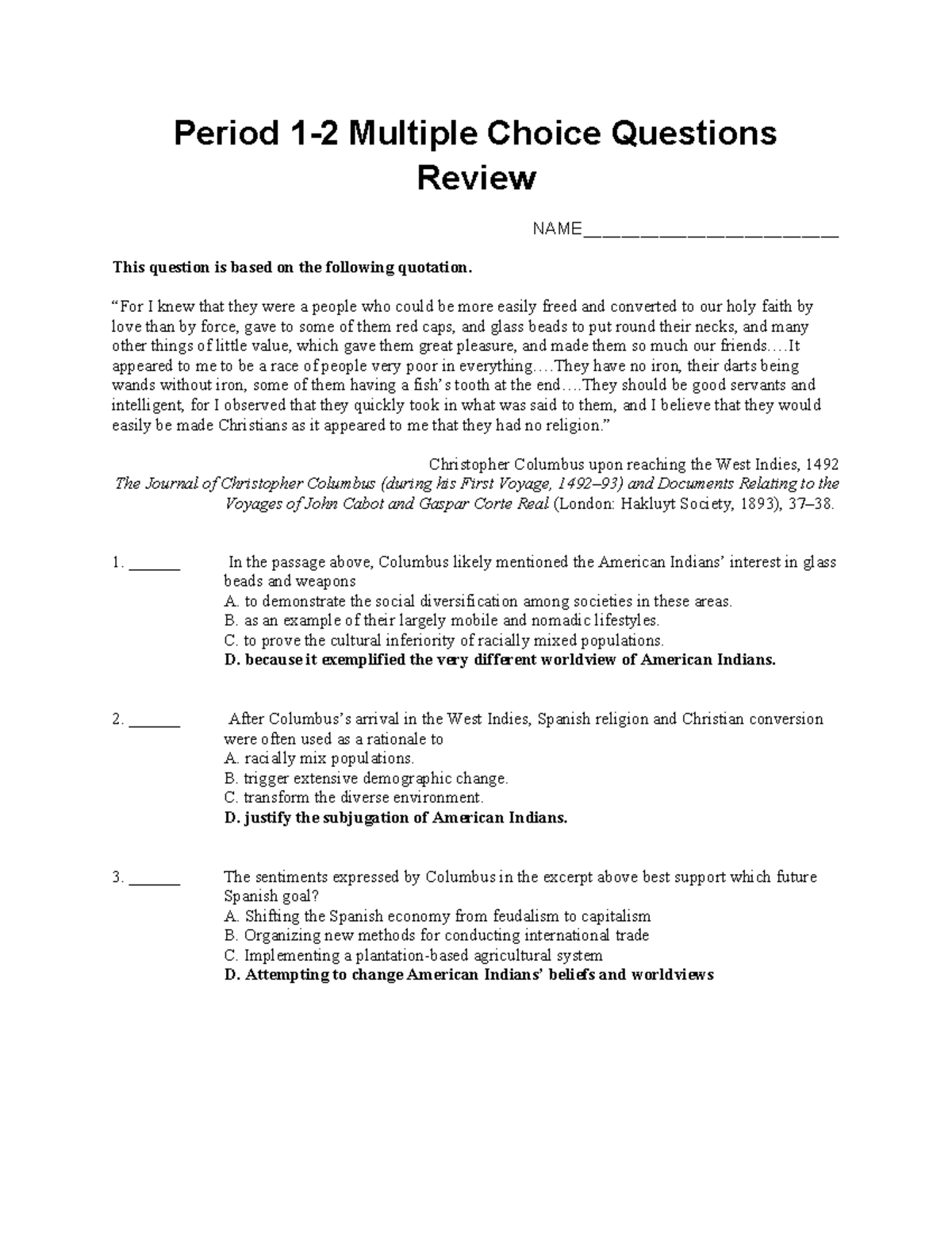KEY - Period 1-2 Multiple Choice Questions Review - Studocu