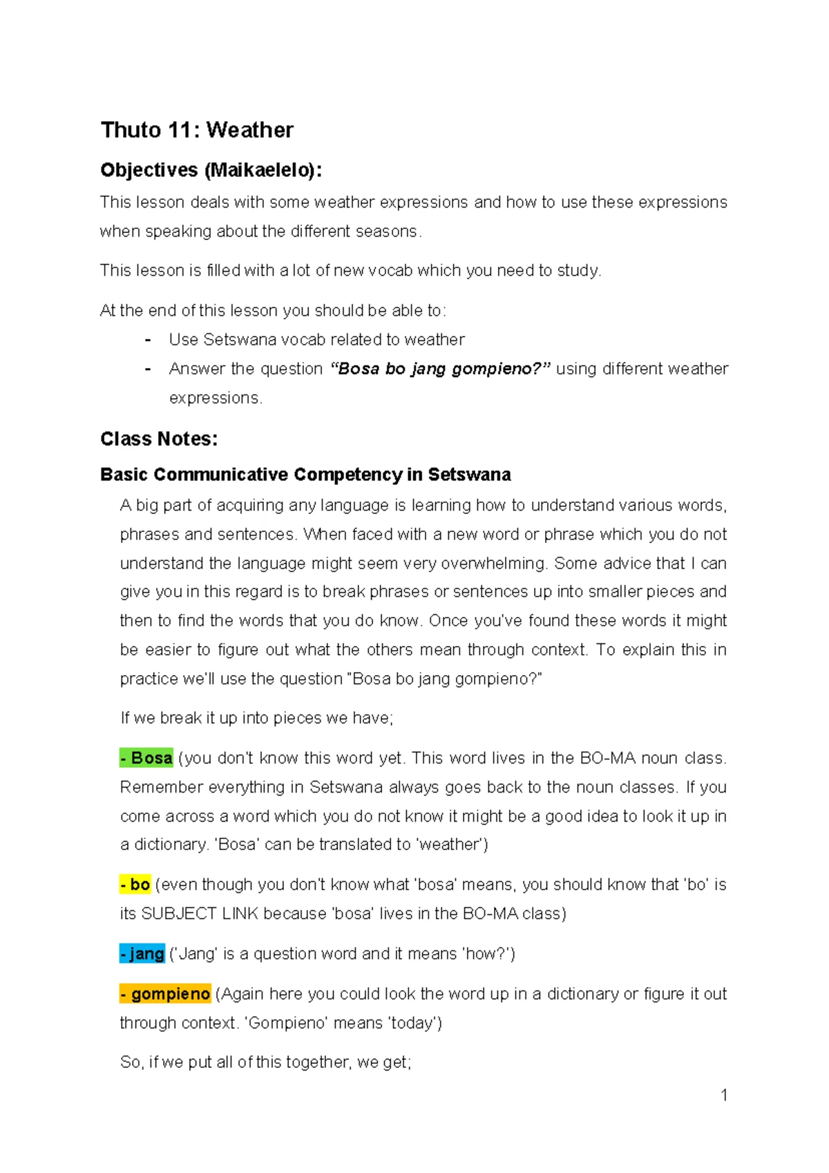 Thuto 6: Body Parts & Noun Classes - Lesson Objectives & Practice - Studocu