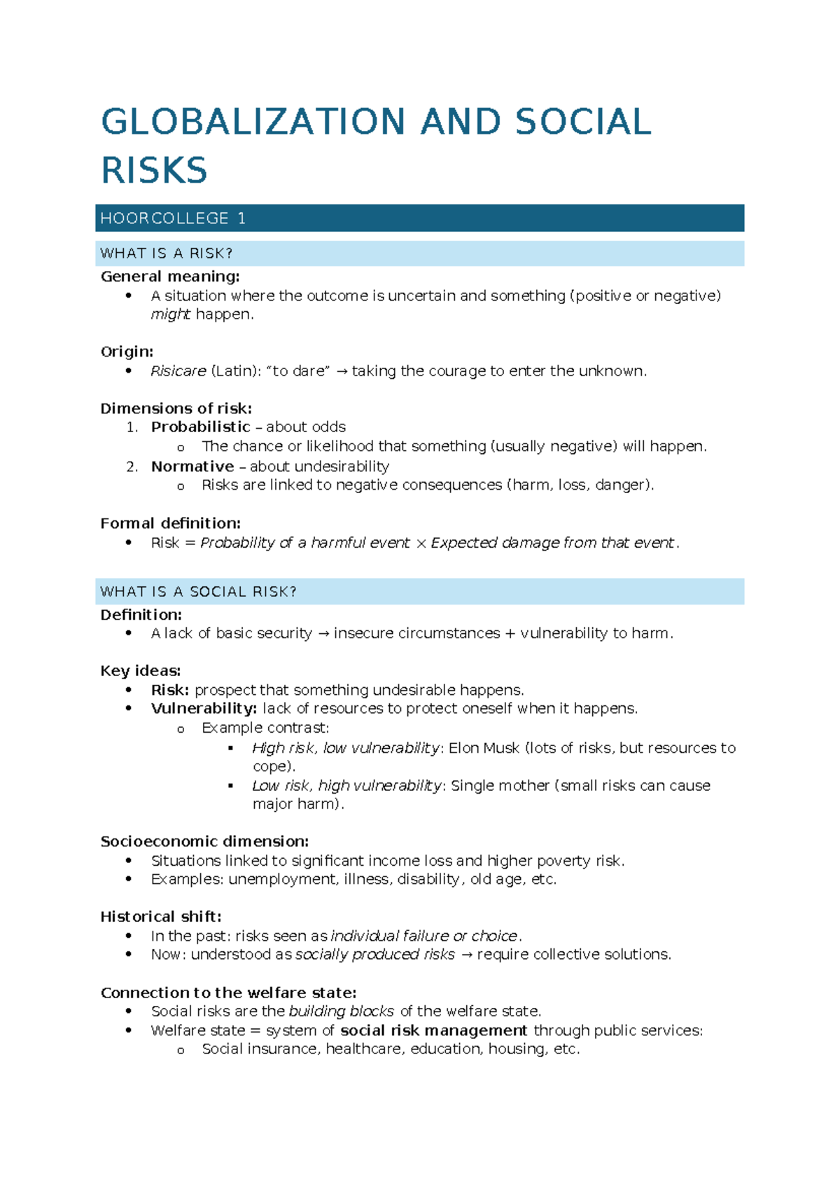 GLOBALIZATION AND SOCIAL RISKS: HOORCOLLEGE 1 LECTURE NOTES - Studeersnel