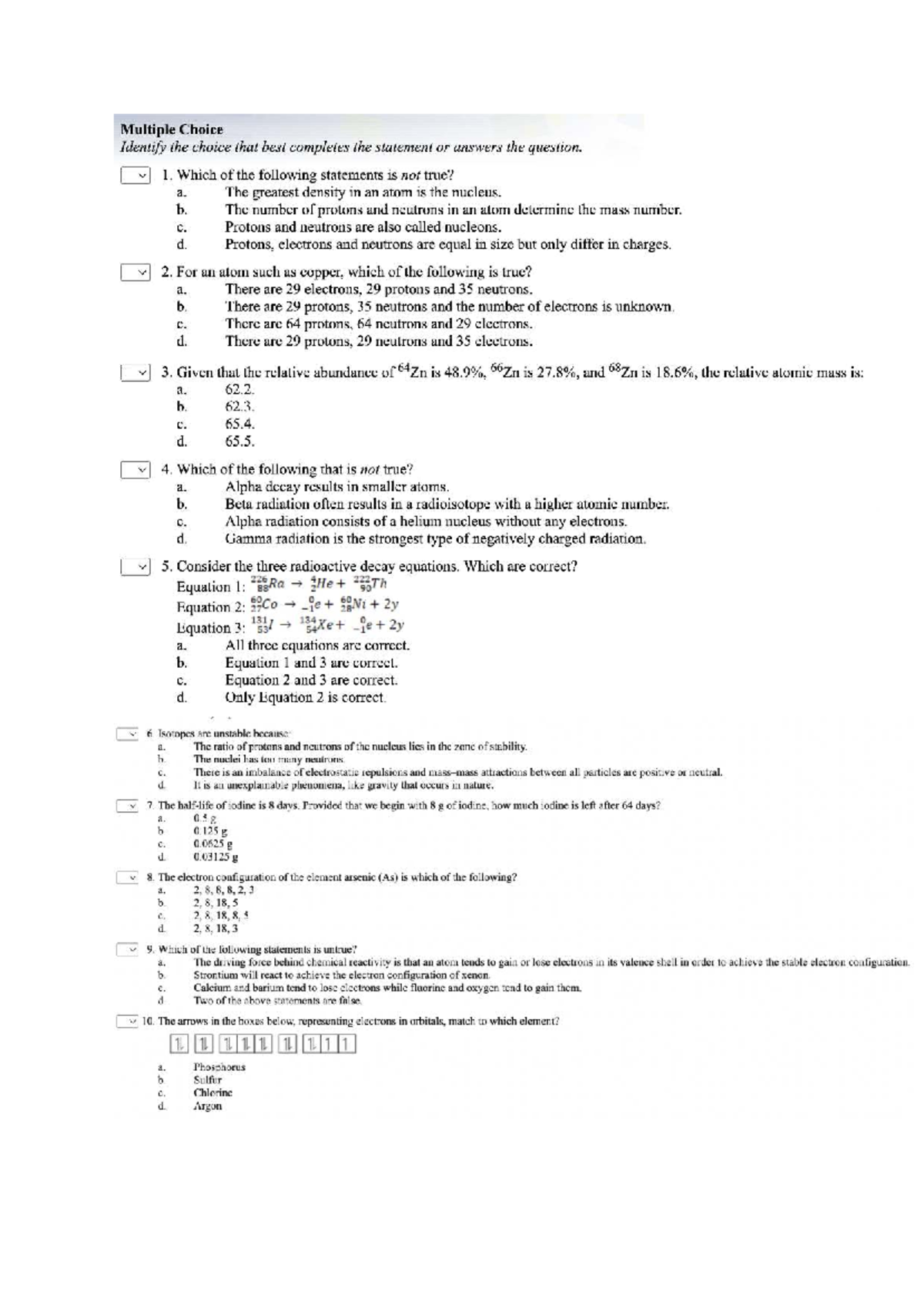 Chapter 2 Quiz - Multiple Choice Questions on Atomic Structure - Studocu
