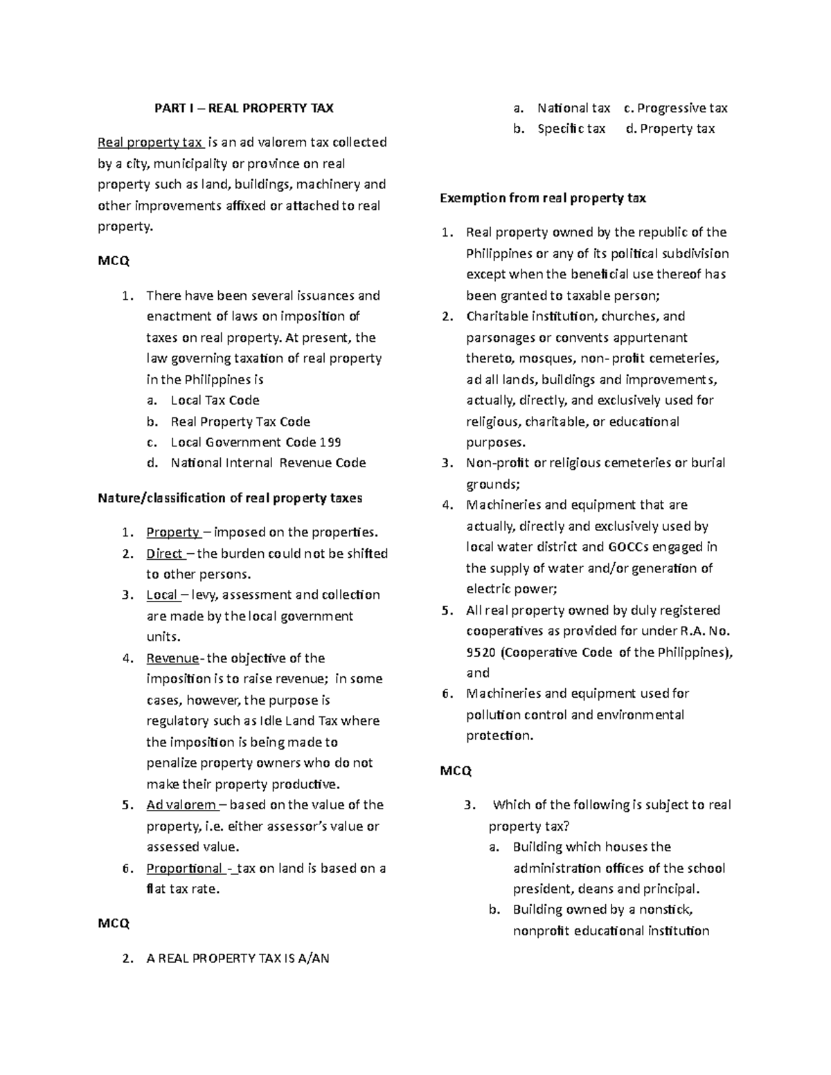 TAX - PART I: A Detailed Overview of Real Property Tax Concepts - Studocu