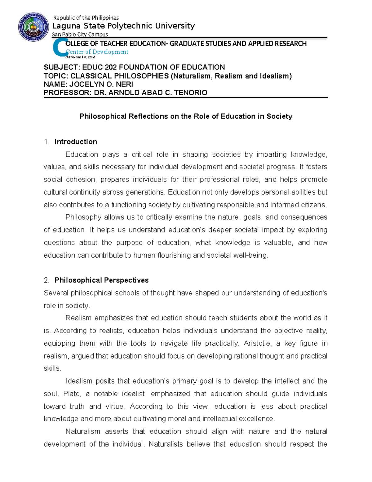 EDUC 202 Final Exam: Classical Philosophies in Education - Studocu