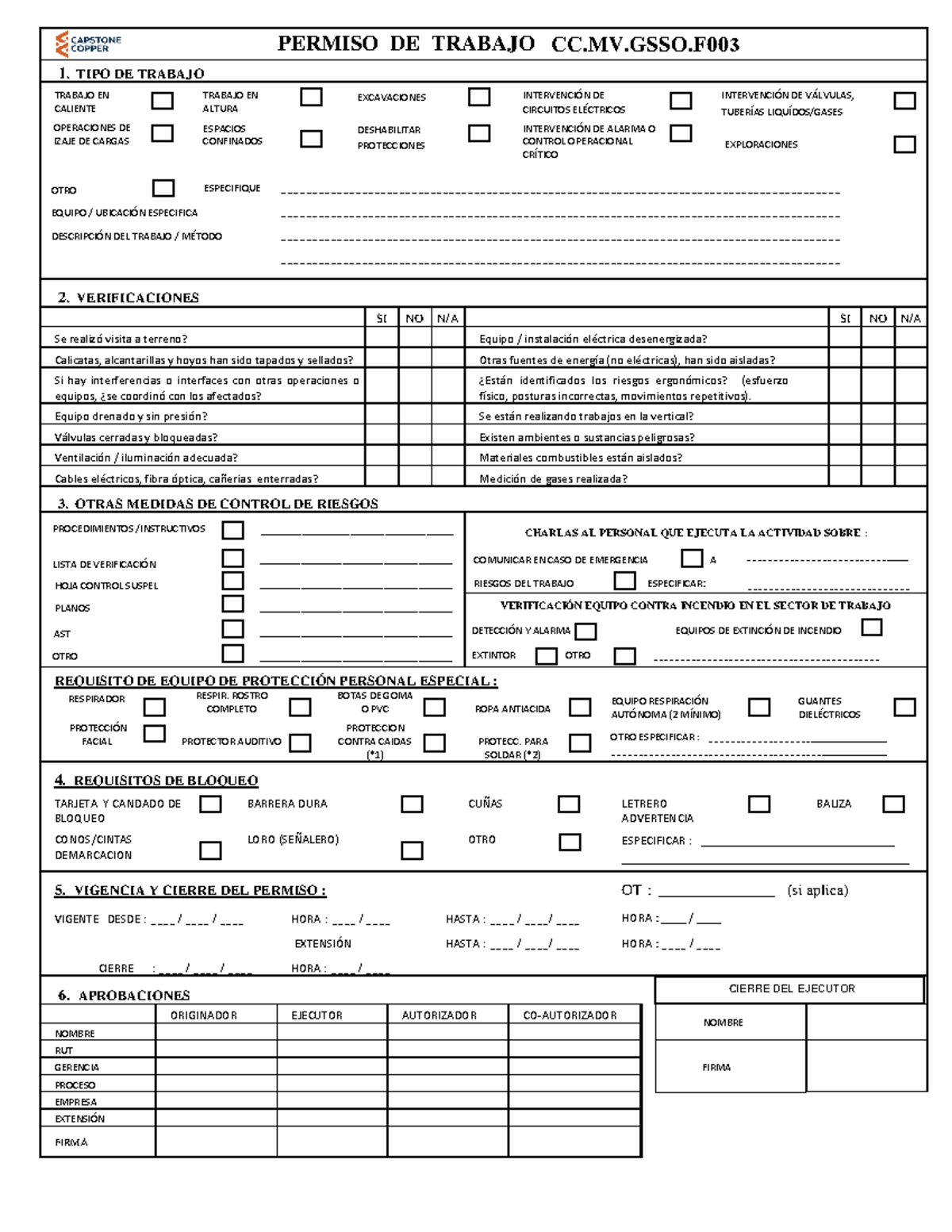CC.MV.GSSO.F003 Formato Permiso de Trabajo Capstone Copper - PERMISO DE ...