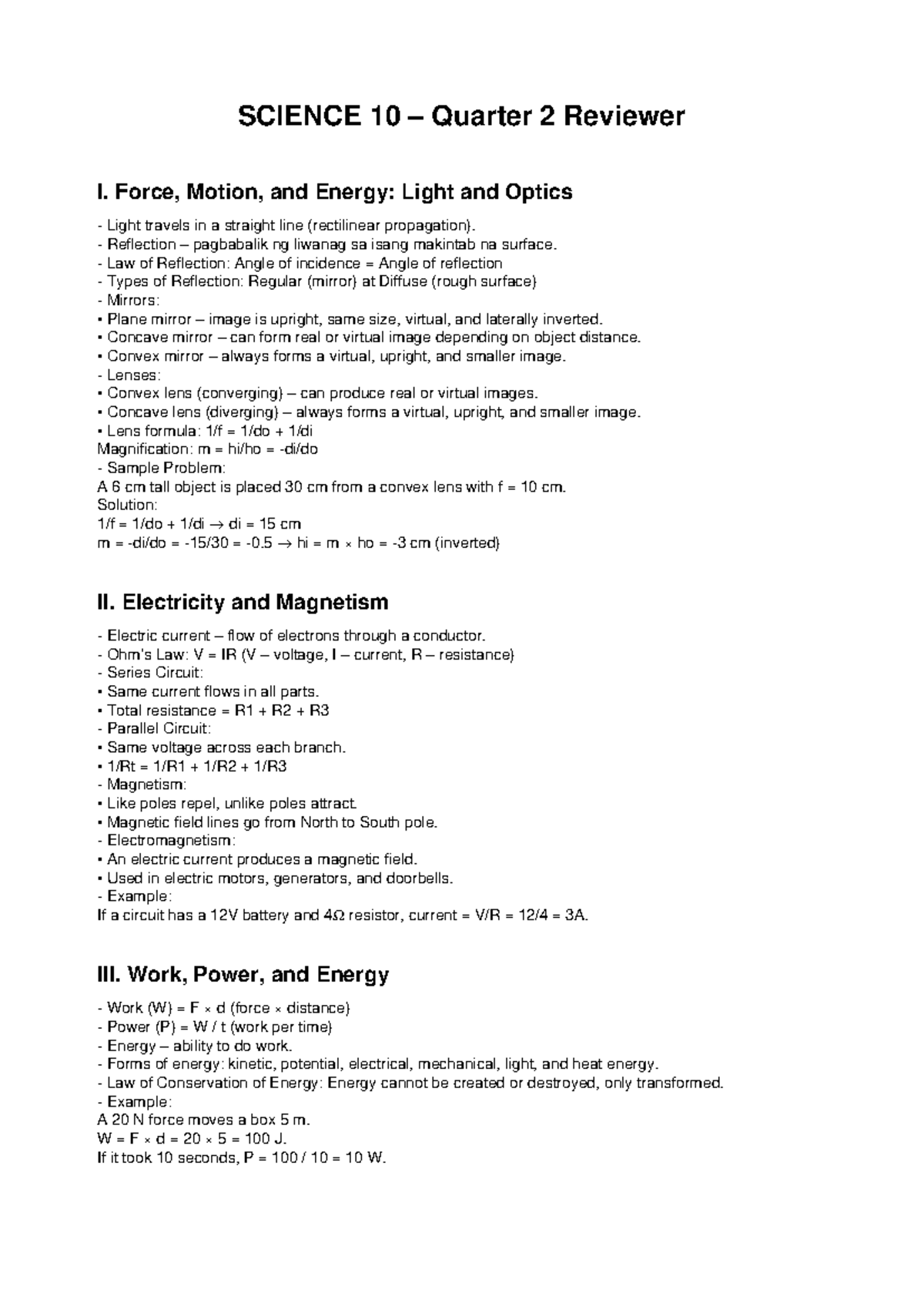 SCIENCE 10 Q2 Reviewer: Force, Motion, Energy & Optics Concepts - Studocu